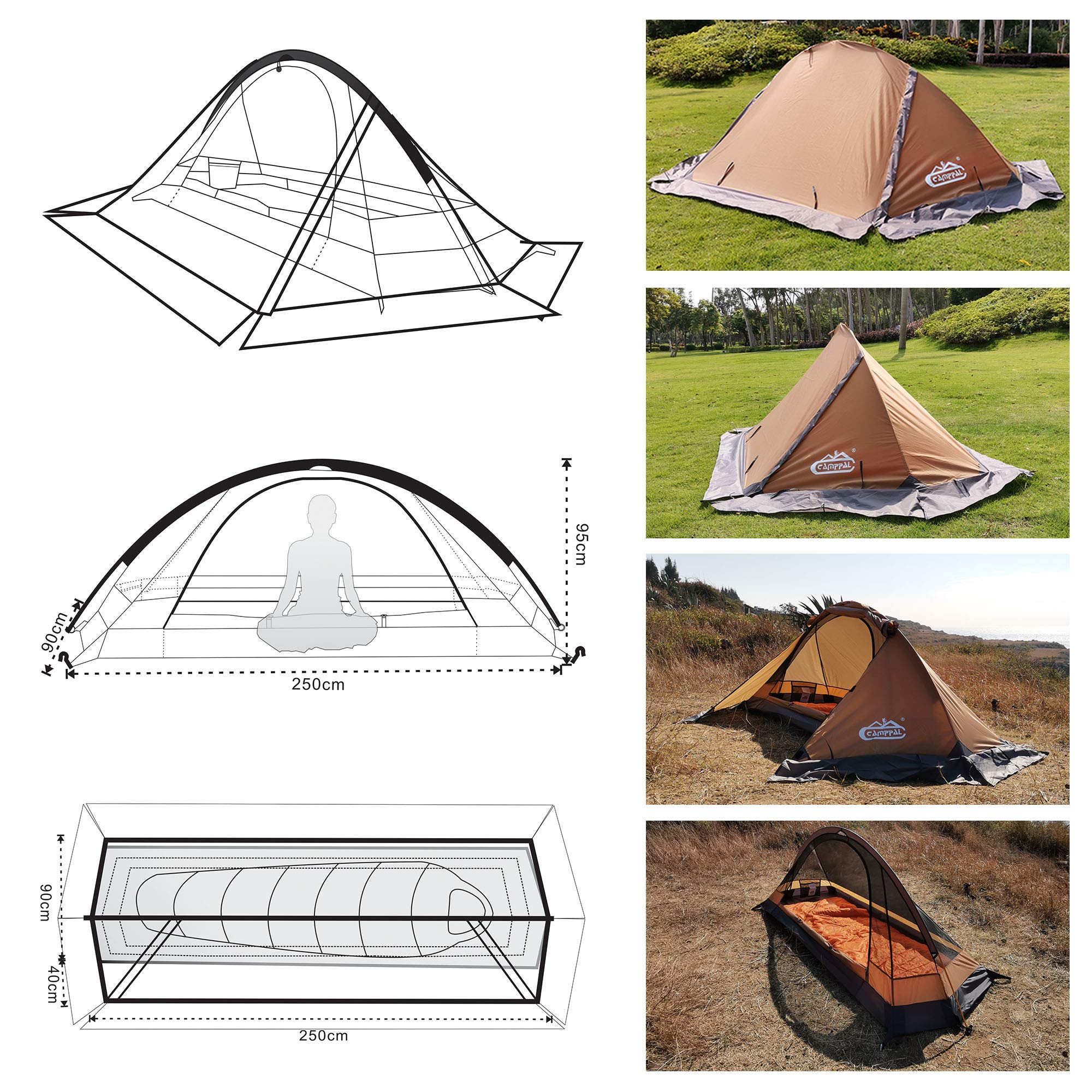 camppal 1 Person Tent Backpacking Camping Hiking Mountain Hunting Tent Lightweight and Waterproof for 4 Season Extreme Space Saving Single Bracket (Khaki-with skirt)