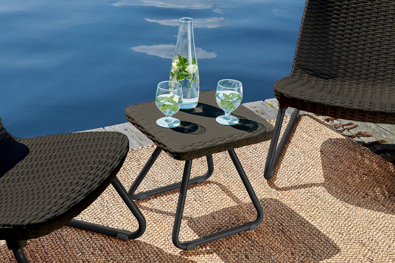 Keter Rio 3 Piece Resin Wicker Patio Furniture Set with Side Table and Outdoor Chairs, Brown