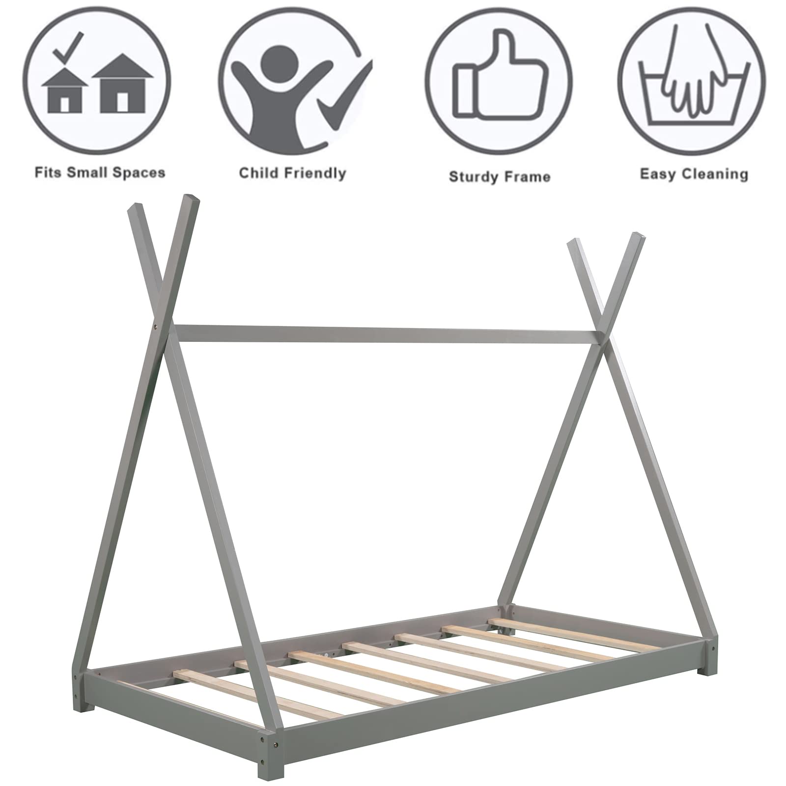 Harper & Bright Designs House Bed Twin for Kids, Toddler House Bed with Triangle Structure,Wood Floor Bed Frame for Girls Boys Bedroom Furniture, No Box Spring Needed,Grey