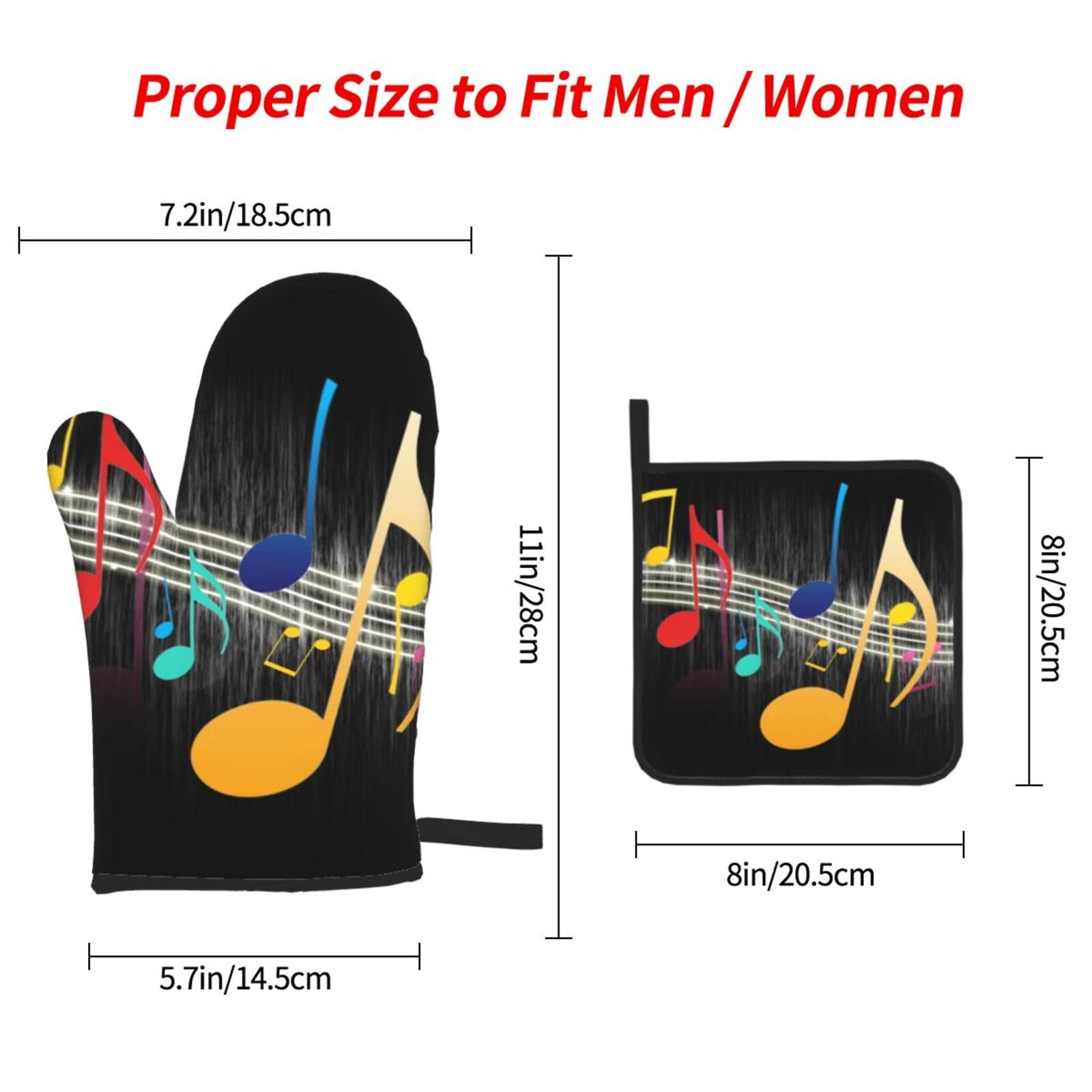 Colorful Musical Note Oven Mitts and Pot Holders Sets of 3 Washable Heat Resistant Hot Pads Non-Slip BBQ Gloves for Kitchen Cooking Baking Grilling