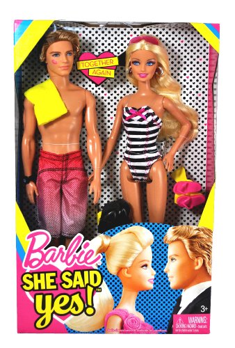 Mattel Year 2010 Barbie "She Said Yes!" Series 2 Pack 12 Inch Doll - Together Again with Barbie Doll with Black and White Swimsuit, Silver Earrings, Pink Flip Flop Sandal and Sunglasses Plus Ken Doll with Red Swim Trunks, Black Flip Flop Sandals and Yello