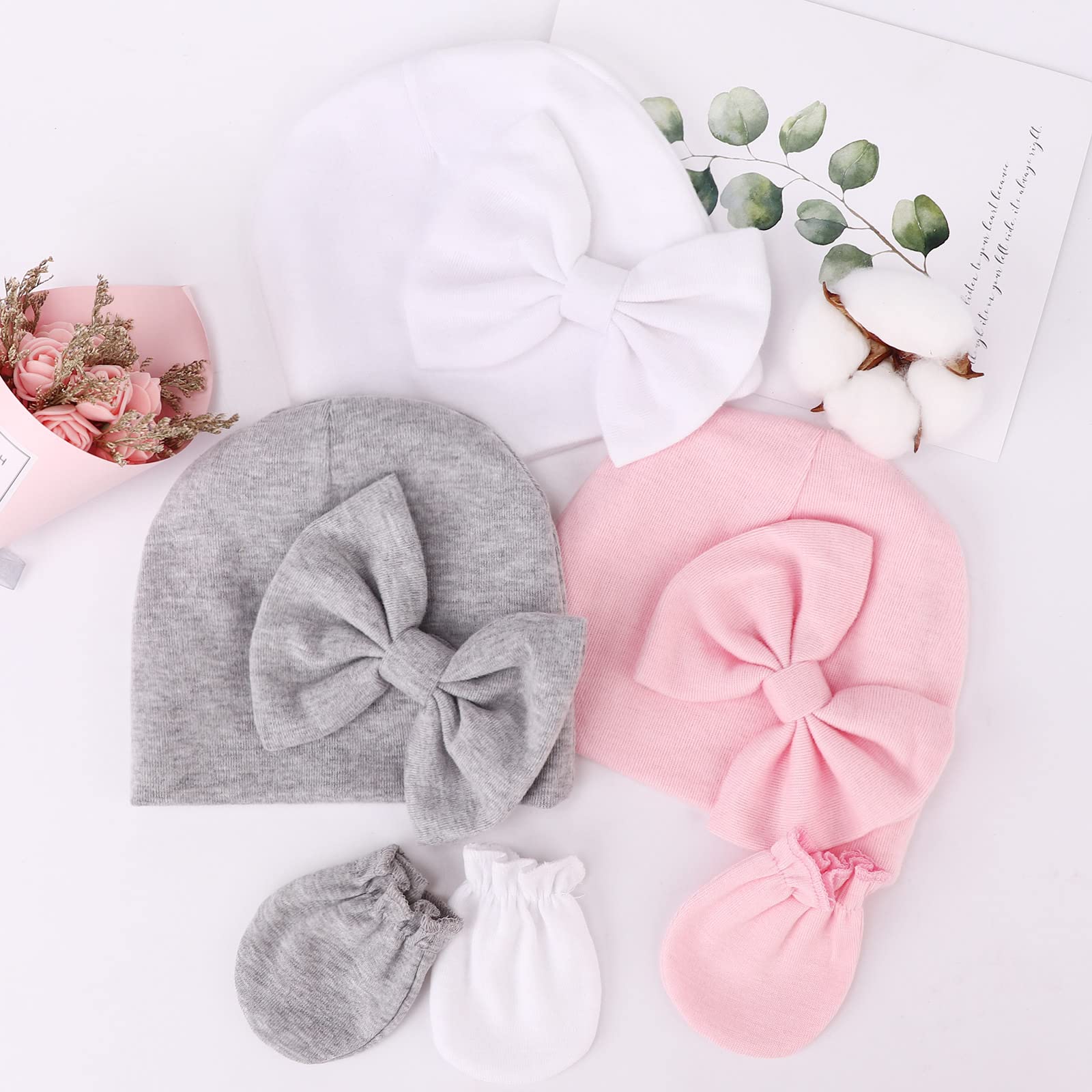 DRESHOW BQUBO Newborn Baby Hats Hospital Hat Baby Cotton Beanie Infant Bow Hats for 0-6 Months