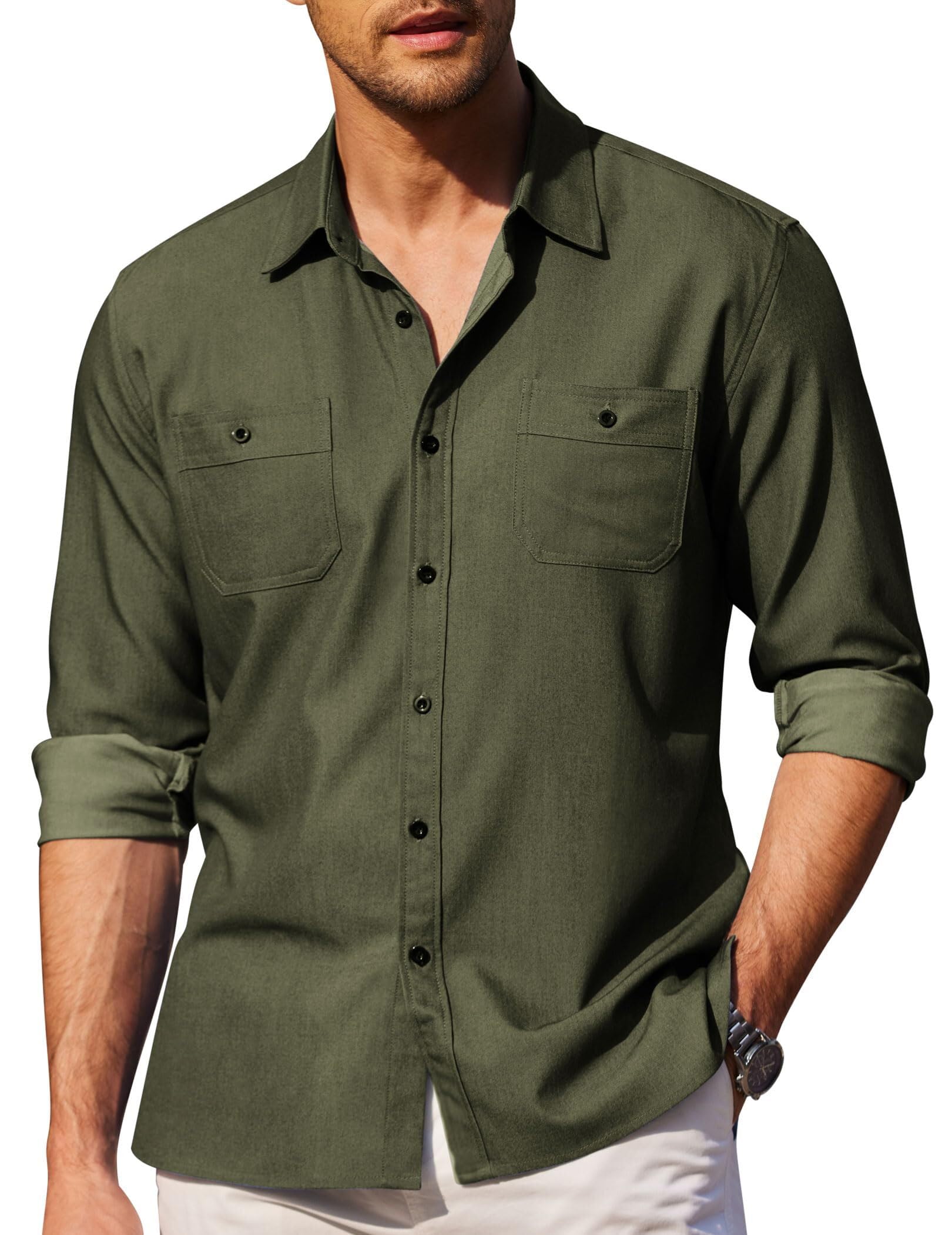 COOFANDY Mens Casual Dress Shirts Slim Fit Button Down Shirt with Two Chest Pockets Army Green
