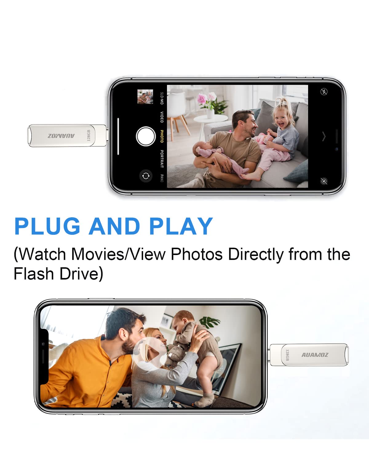 Flash Drive 128GB, AUAMOZ USB Memory Stick Photo Stick External Storage Thumb Drive Compatibility with iPhone iPad Android Computer (Silver)