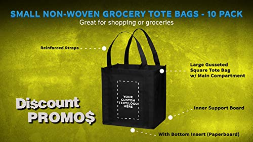 DISCOUNT PROMOS Custom Reusable Grocery Tote Bag for Shopping - 10 Pack - Personalized Logo, Text -Small Foldable Bags β Black