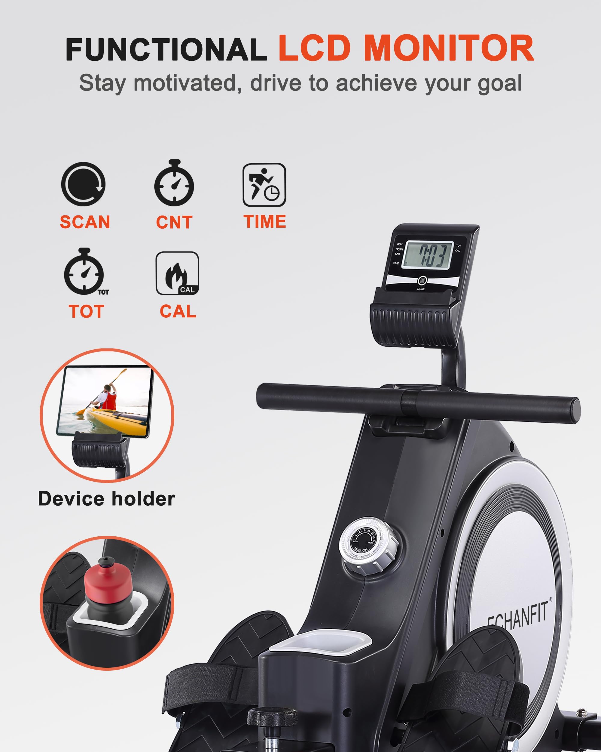 ECHANFIT Magnetic Rowing Machine for Home use,Foldable Rower Whit 350 LB Weight Capacity 16 Levels,Rower Machine Whit Adjustable Resistance LCD Monitor and Tablet Holder