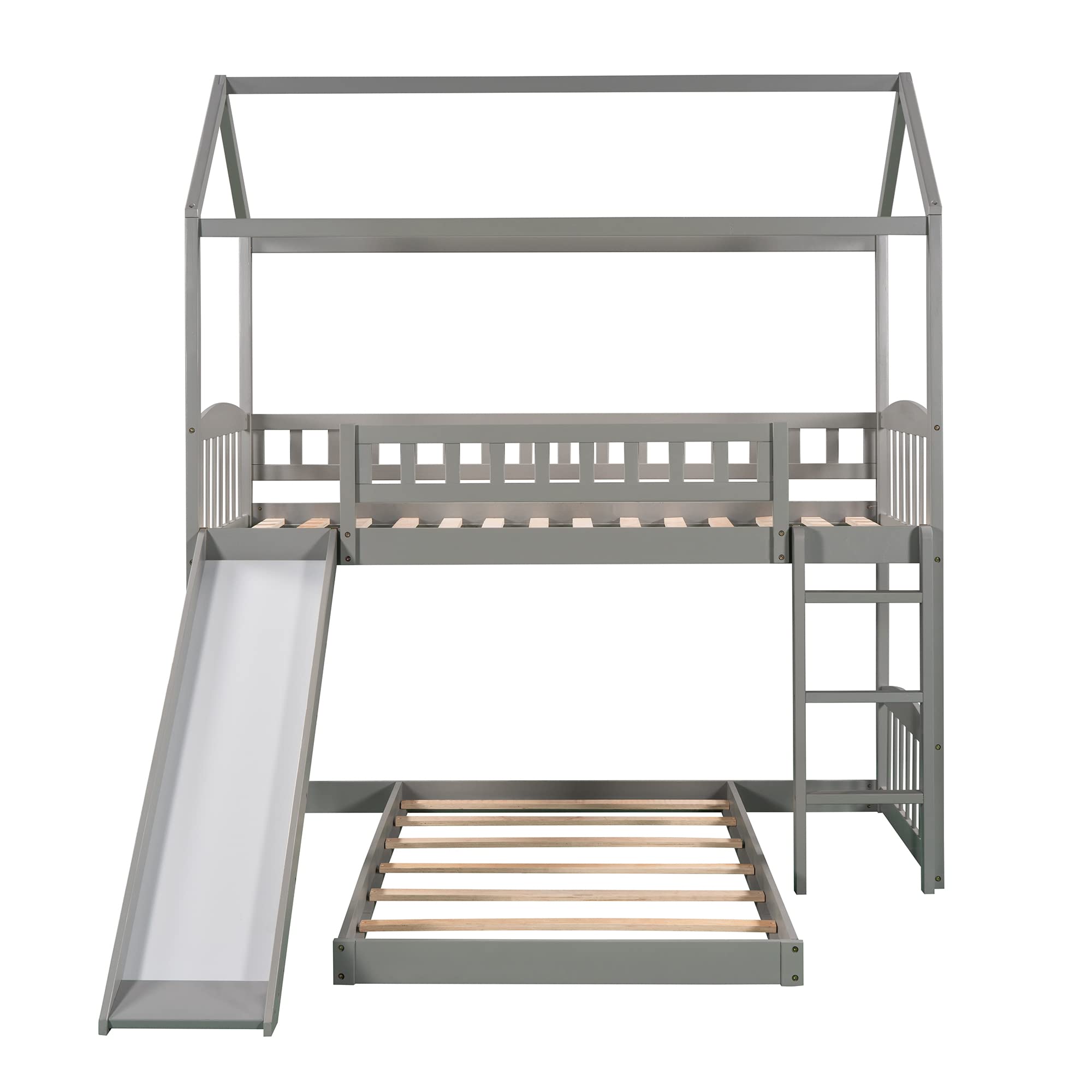 Harper & Bright Designs Twin Over Twin Bunk Bed with Slide, House Bunk Bed with Slide, Playhouse Bed for Toddlers Kids Girls Boys - Gray