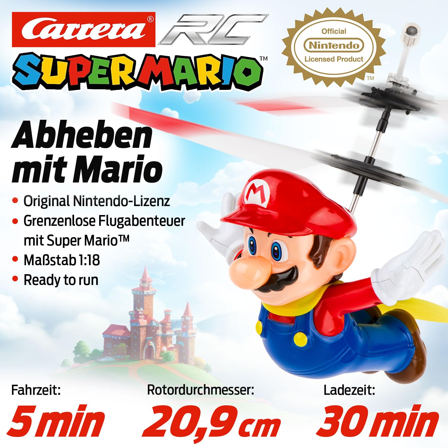 Carrera RC - Officially Licensed Flying Cape Super Mario 2.4GHz 2-Channel Rechargeable Remote Control Helicopter Drone Toy with Easy to Fly Gyro System