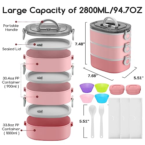 KHOXU Bento Lunch Box, Stackable 3 Layers Bento Box Adult Lunch Box, 94OZ Large Capacity Lunch Containers, Lunch Box Kids with Accessories Kit , Leak-Proof, Food-Safe Materials, Pink