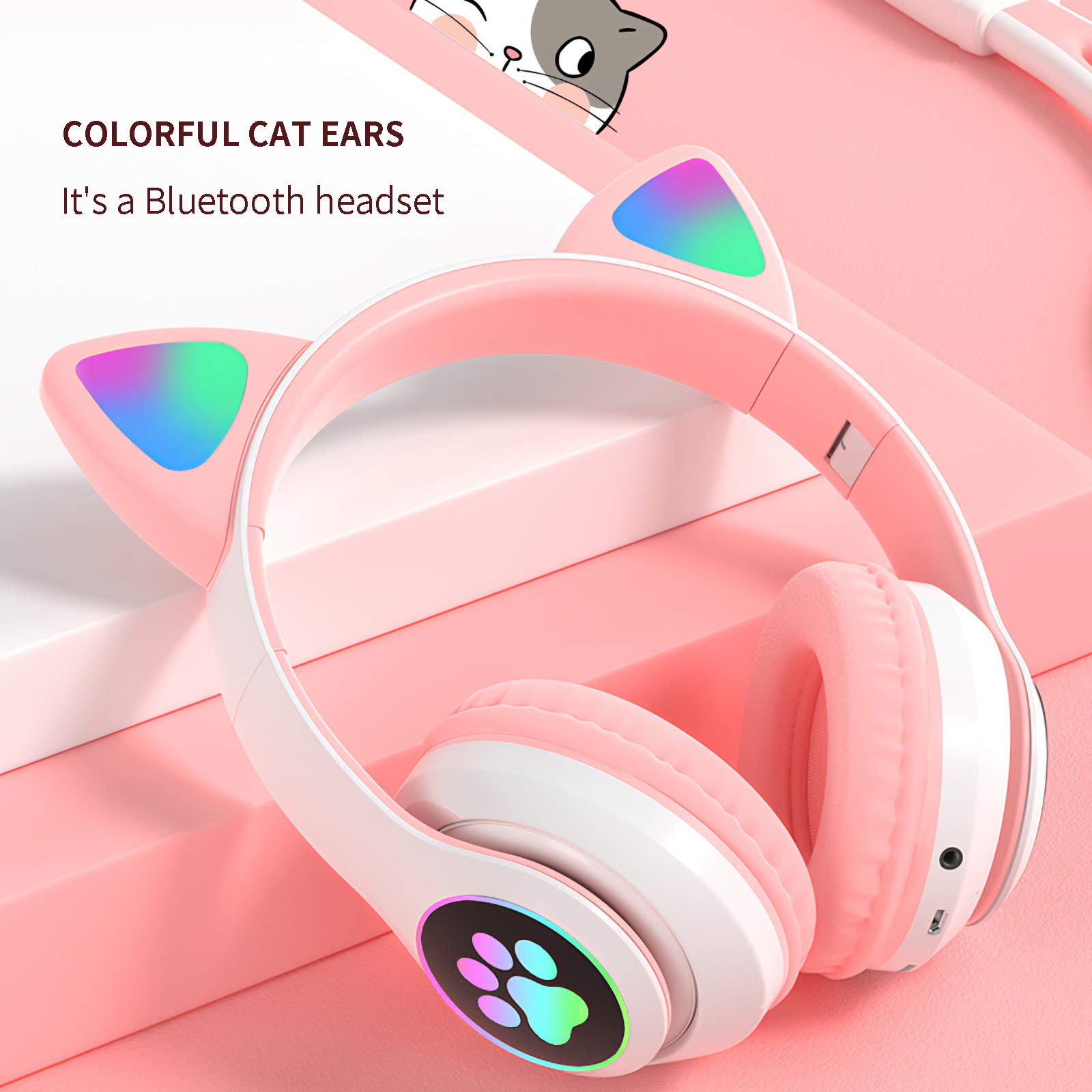 Cat Ear Headphones, Bluetooth 5.0 Cute Cat Ear Headphones Foldable HiFi Sound Quality Stereo Effect Rainbow Light Effect Kitty Gaming Headset for Kids Boys Girls PC Laptops Smartphones