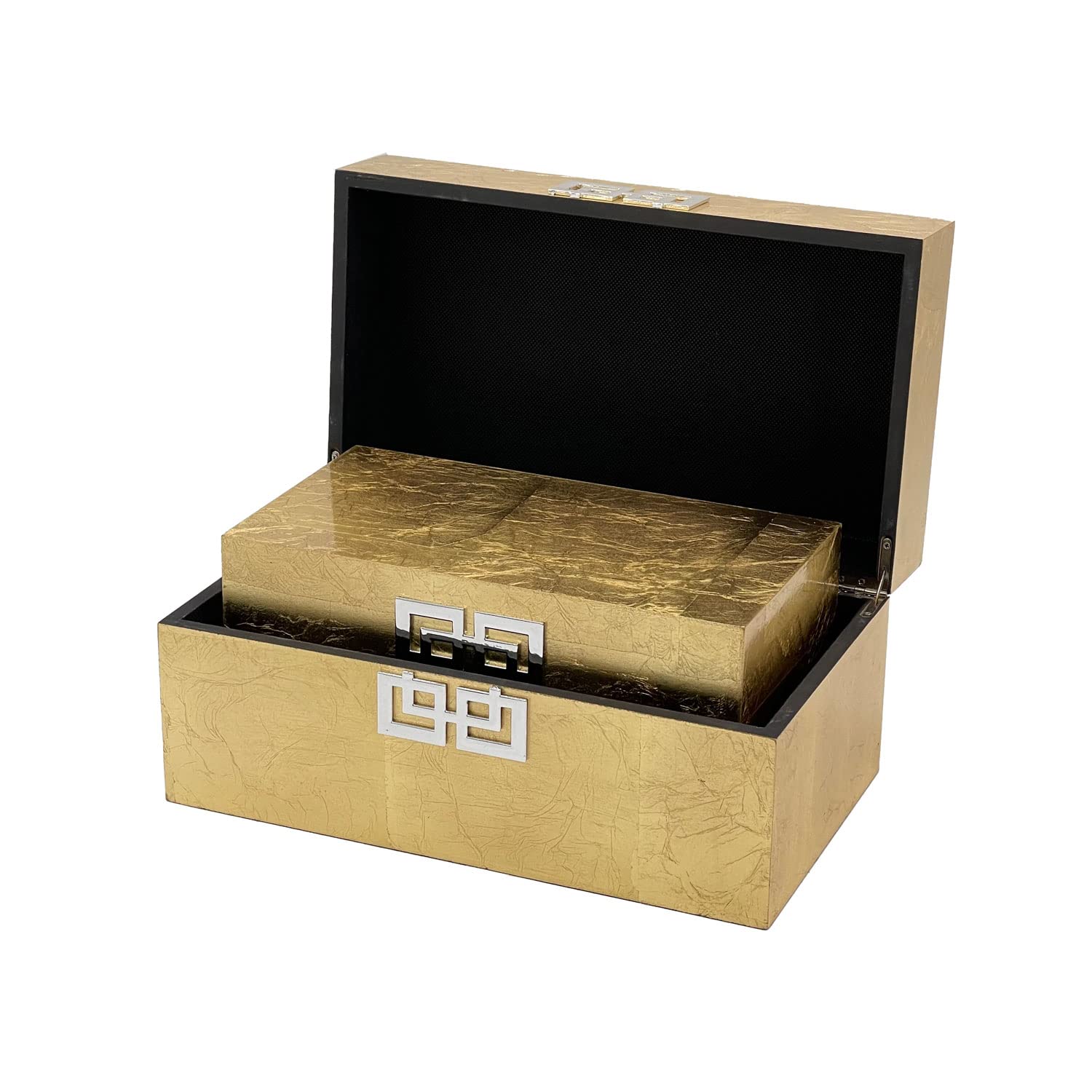 Galt International Storage Box Set Decorative Storage Box w/Hinged Lid Classic Design Wood Decor Boxes with Geometric Clasp Storage for Bedroom & Home - Set of 2 (Black & Gold)