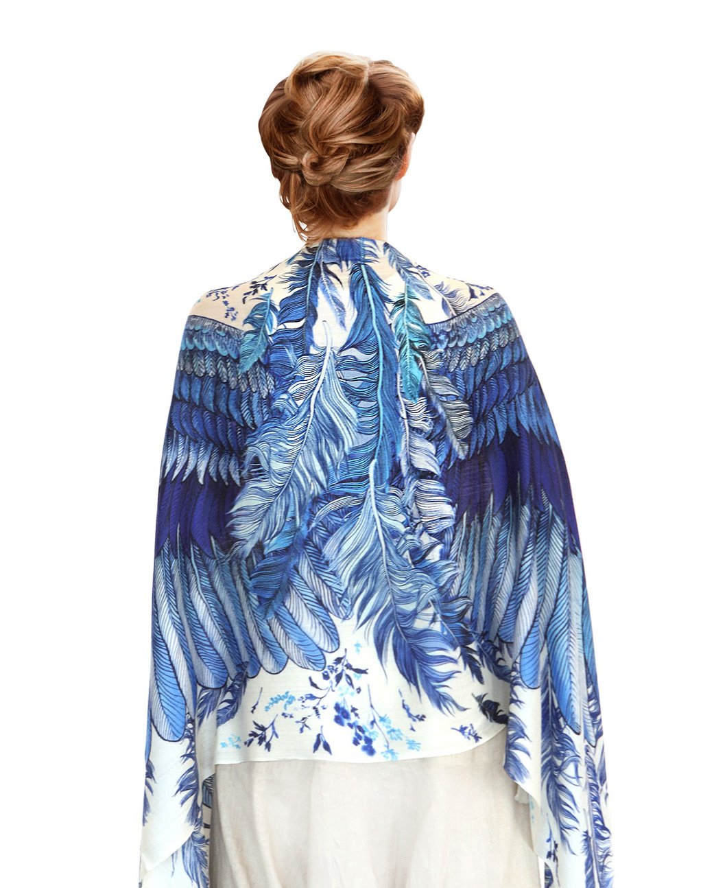 Pure Silk Wearable Artistic Hand Painted Bird Wing Feather Scarf (Blue Wings)