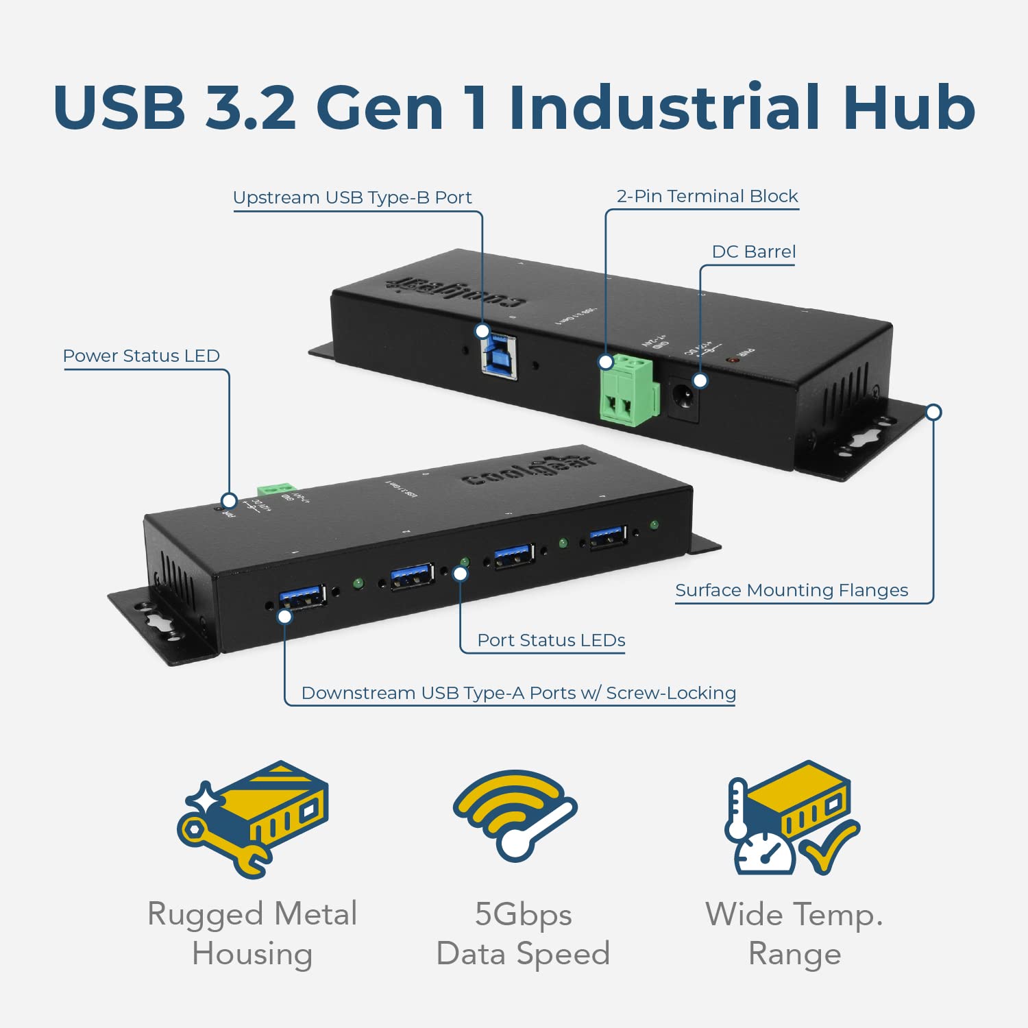 USB 3.2 Gen 1 4-Port Industrial Hub Metal Case with Screw Lock Cable Option