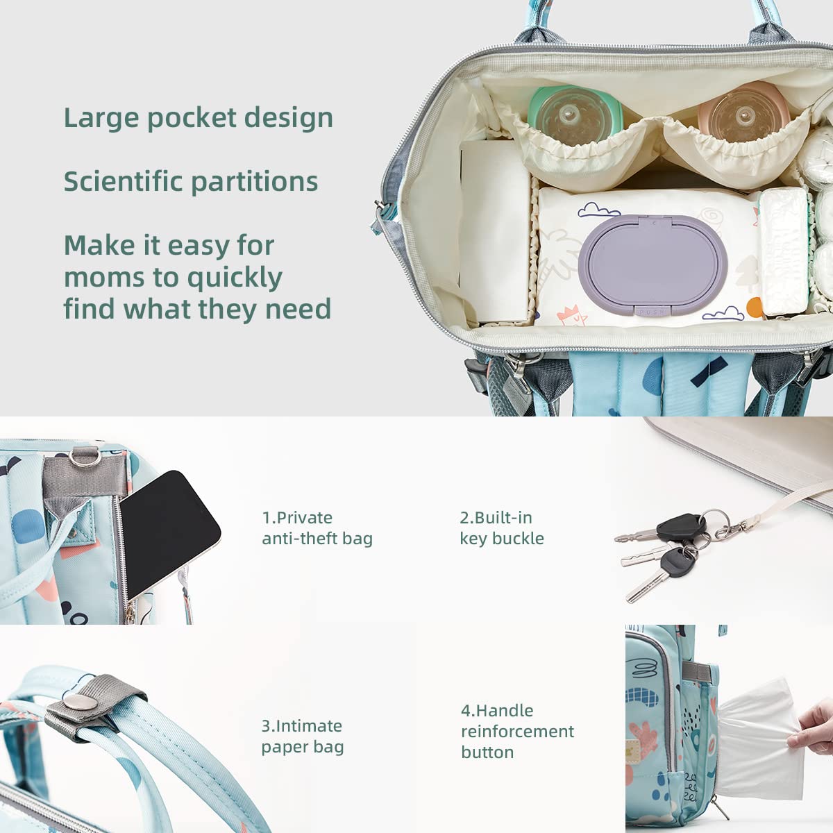 SEENUR Diaper Bag BackpackTravel Handbags Waterproof Diaper Tote with Large Capacity Bottle Insulation for Mom Dad(Sky Blue)