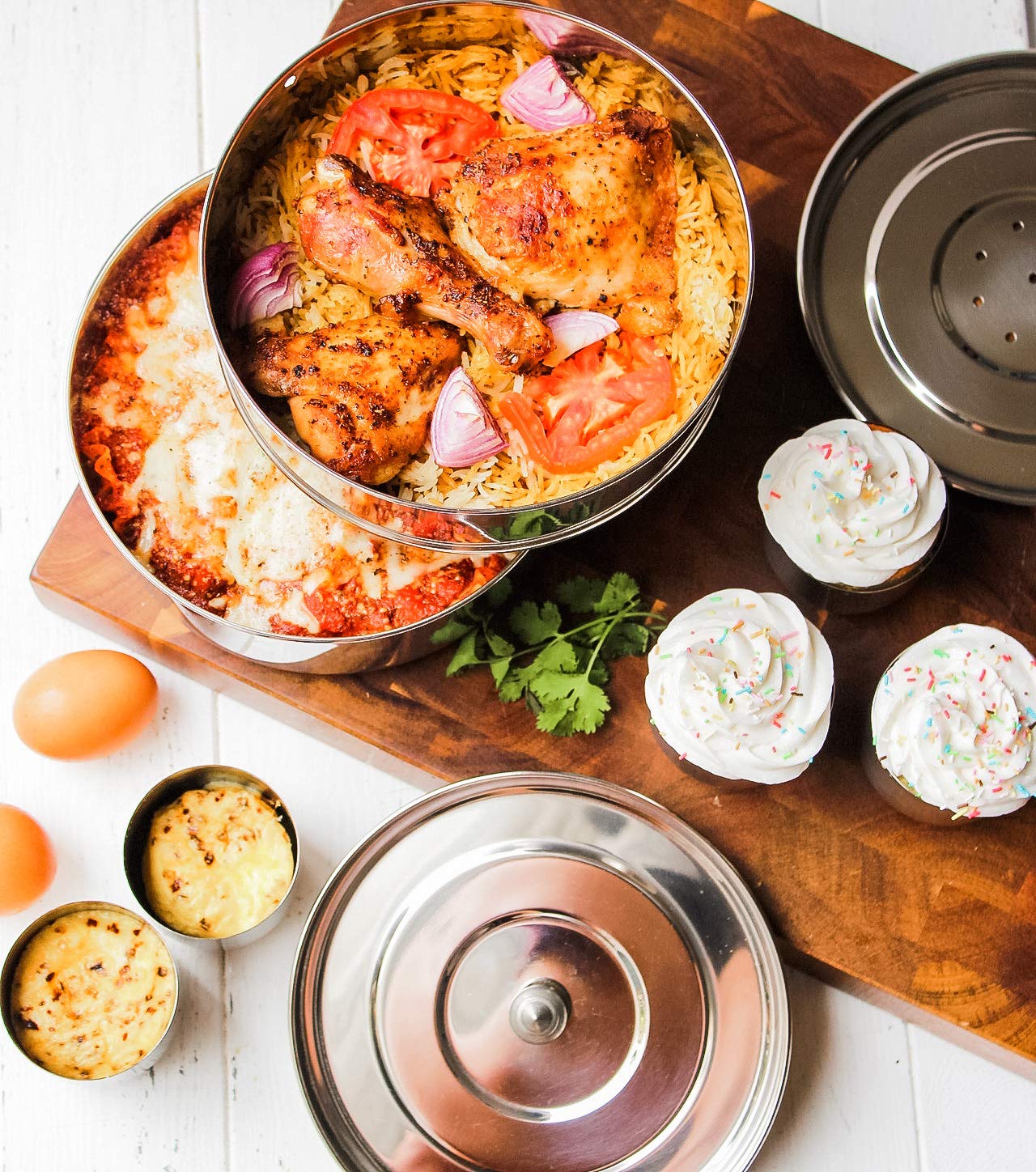 ecozoi Instant Pot Stackable Insert Pans for 6 & 8 Quart, 3 Tier Steamer Insert Pans for Instant Pot Pressure Cooker, Pot in Pot for Baking, Steaming & Casseroles, 2 Interchangeable Lids and Sling