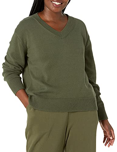 Daily Ritual Women's 100% Cotton Relaxed-Fit Long-Sleeve V-Neck Sweater, Olive, Large