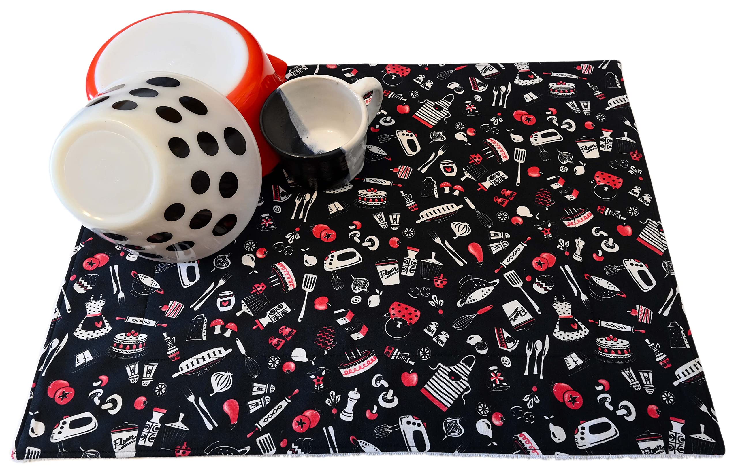 Dish Drying Mat - Coffee Station Mat - Pet Placemat - Appliance Mat - Kitchen Mat - Kitchen Tools in Red, Black and Cream - 16 x 20 Inches - Handmade by Green Acorn Kitchen