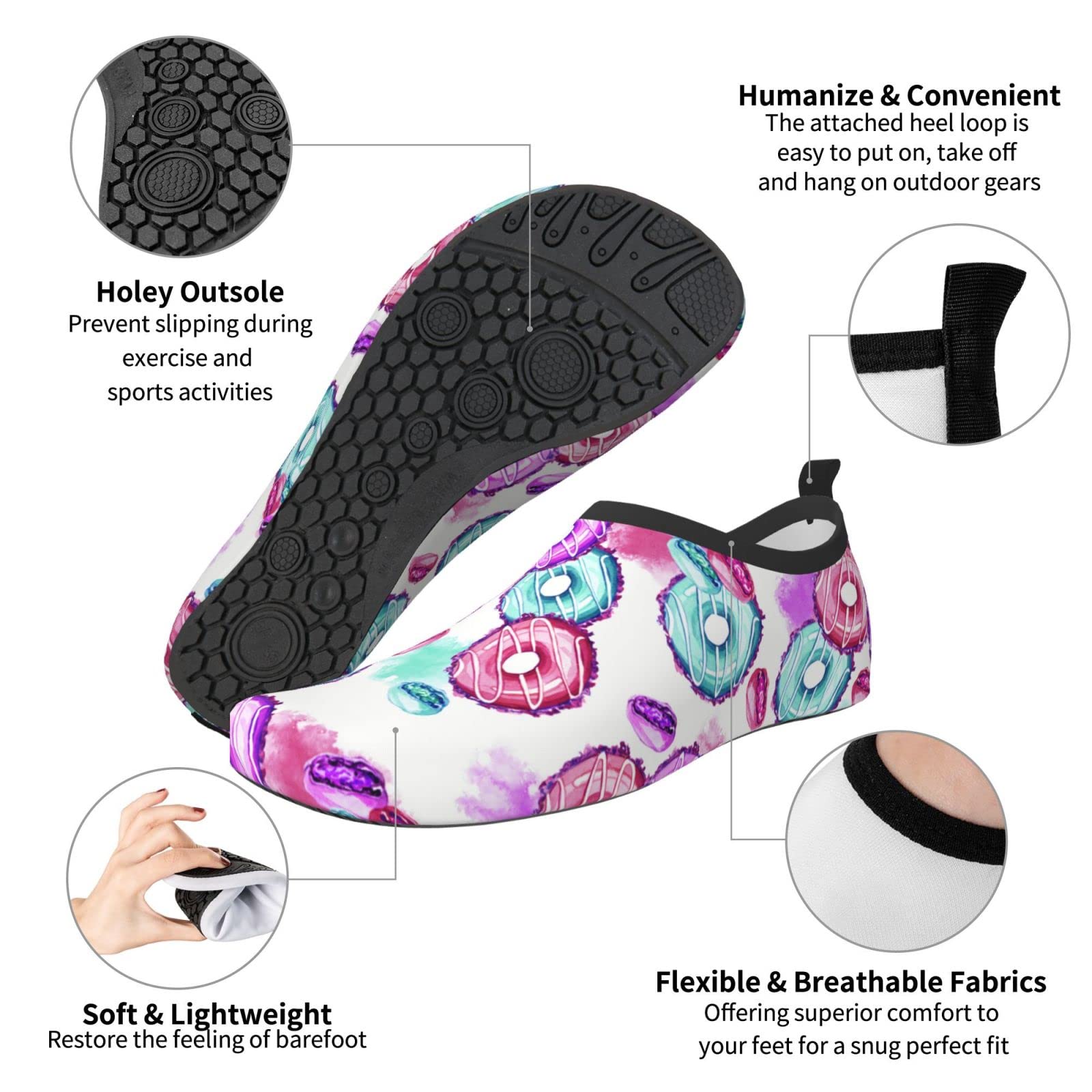 Donut Macarons Water Shoes for Men Women Aqua Socks Barefoot Quick-Dry Beach Swimming Shoes for Yoga Pool Exercise Swim Surf