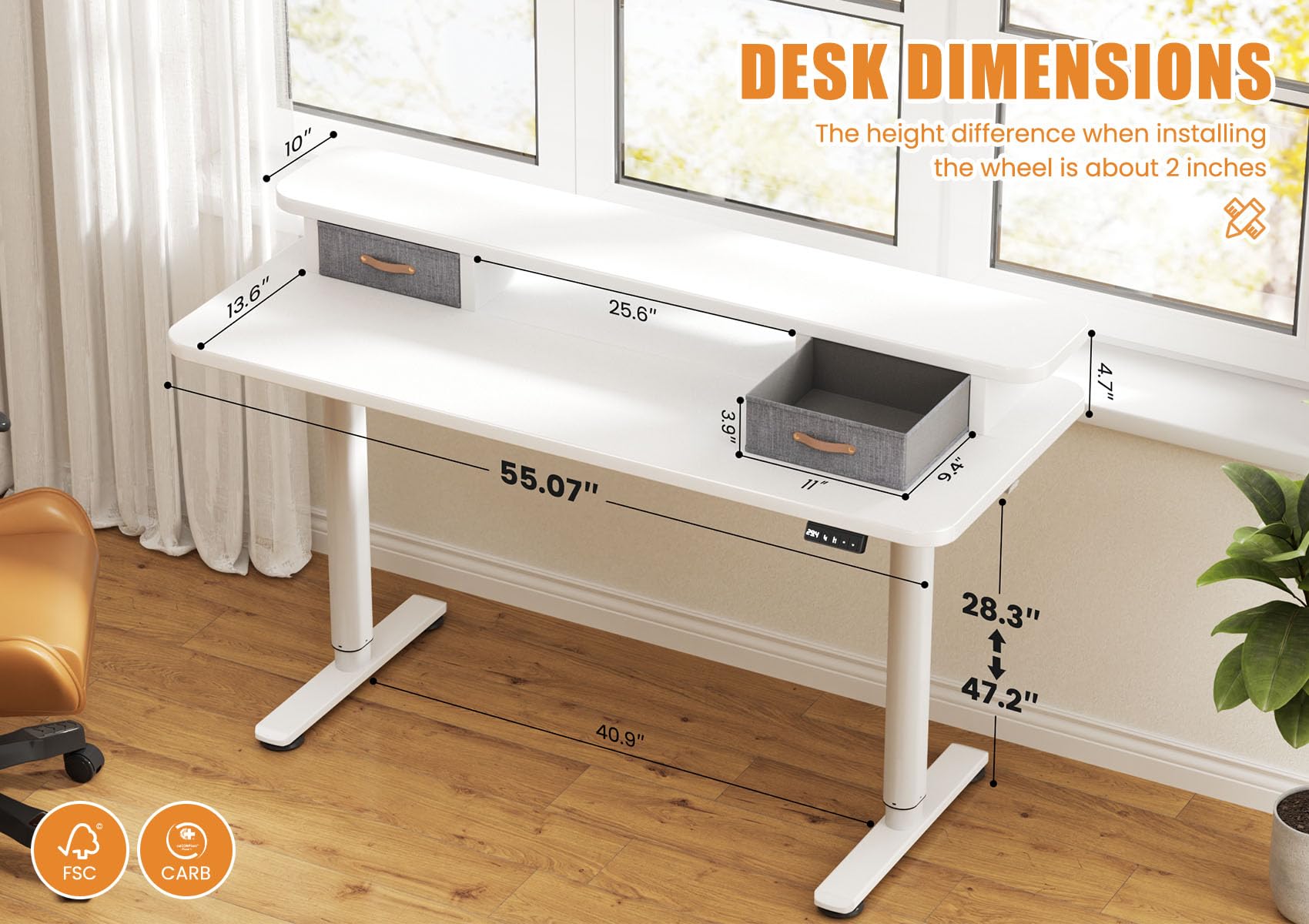 Flycity Electric Standing Desk with Dual Drawers, 55" x 24" Height Adjustable Desk Sit Stand Desk with Memory Controller, Casters & 2 Hooks, Ergonomic Low Noise Home Office Desk, White