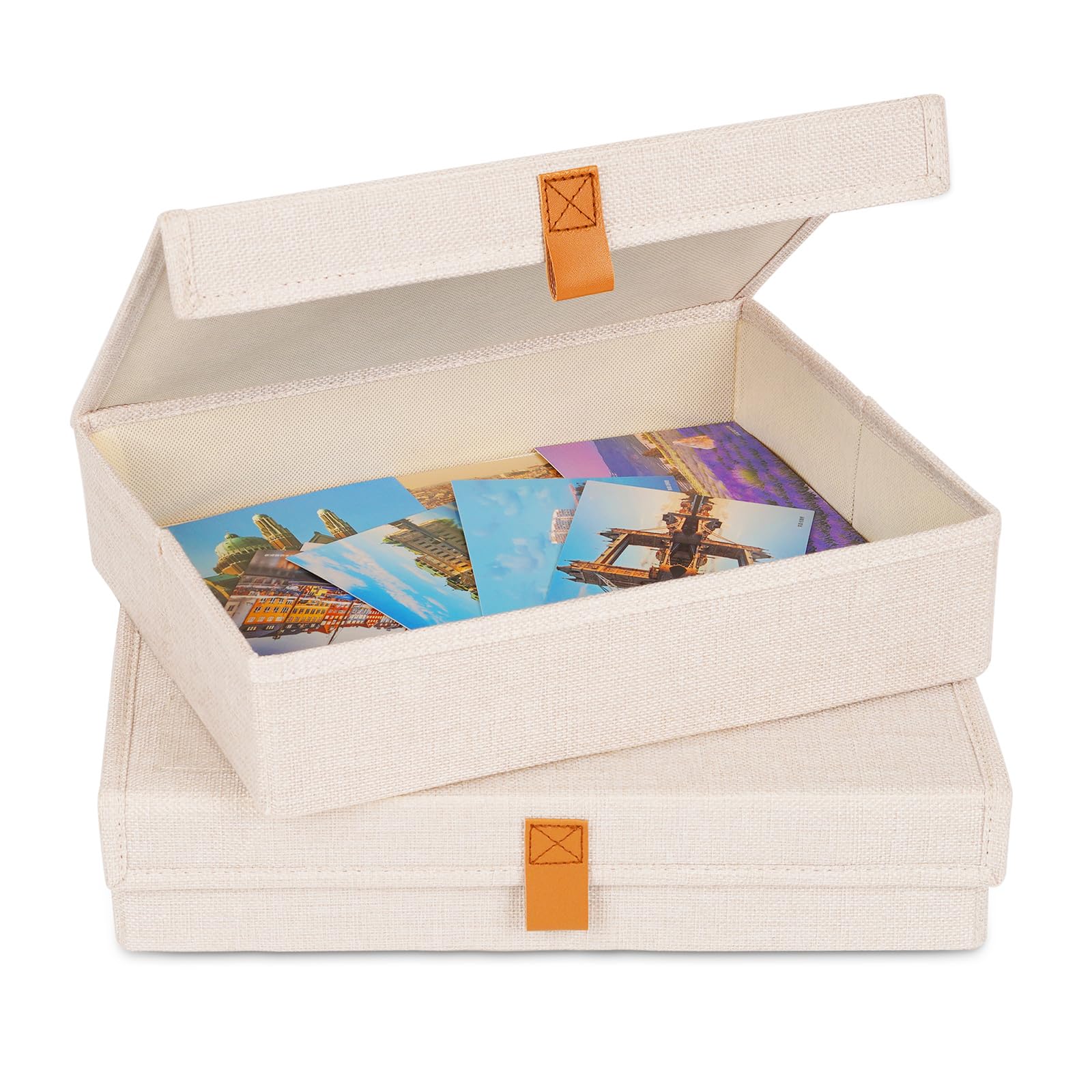 Flenpptly Photo Storage Box with Lids Decorative Storage Boxes Memory Box with Business Card Frame, Set of 2 Linen Storage Box Suitable for Pictures, Envelope, Scrapbook Supplies (Large+Small)