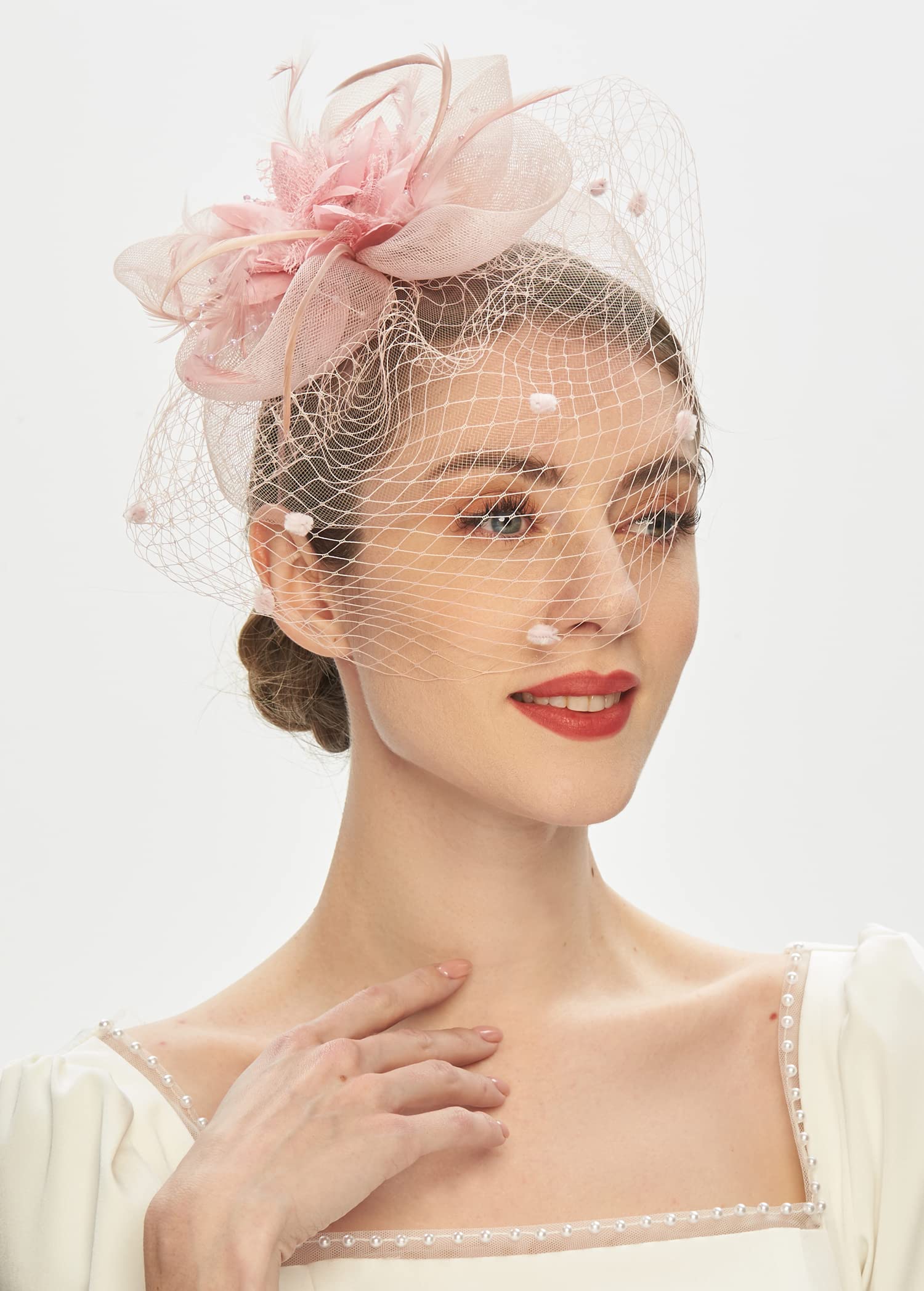 Cizoe Fascinator Hats for Women Tea Party Headband Kentucky Derby Wedding Flower Mesh Veil Fascinator (A-blush pink)
