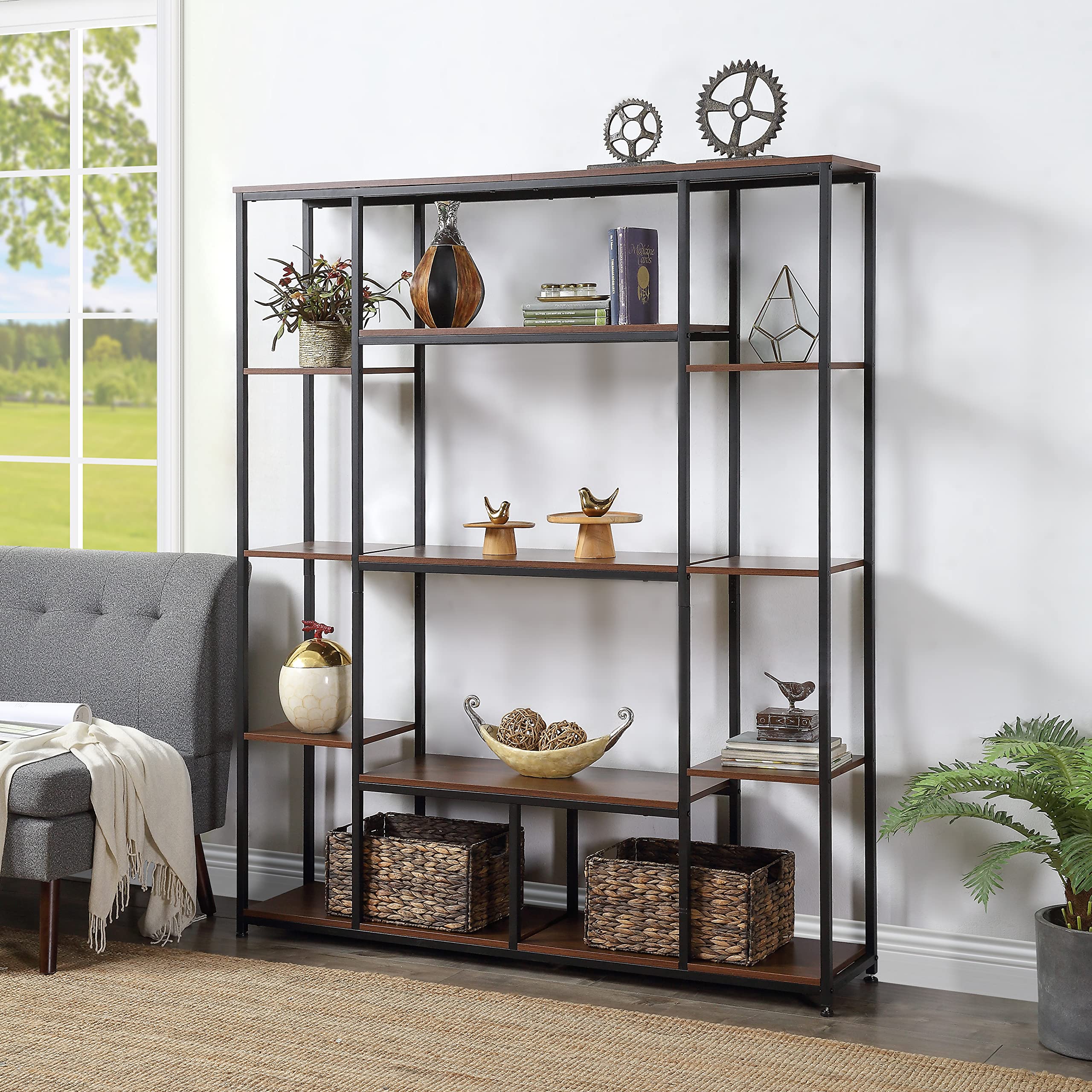Merax 5 Tier Tall Bookshelf, Industrial Bookcase, Freestanding Display Furniture with Storage Shelf, Brown