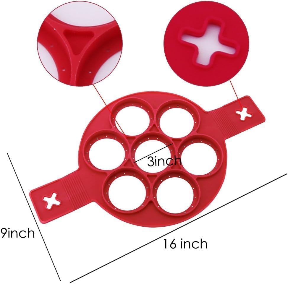 Flip N Cook Pancake, Flip N Cook Silicone Pancake Mold, Flip and Cook Pancake Maker, Reusable Fried Egg Molds, Flip'n'cook Silicone Pancake Mold, Reusable silicone omelet mold (Round-Red+Heart-Pink)