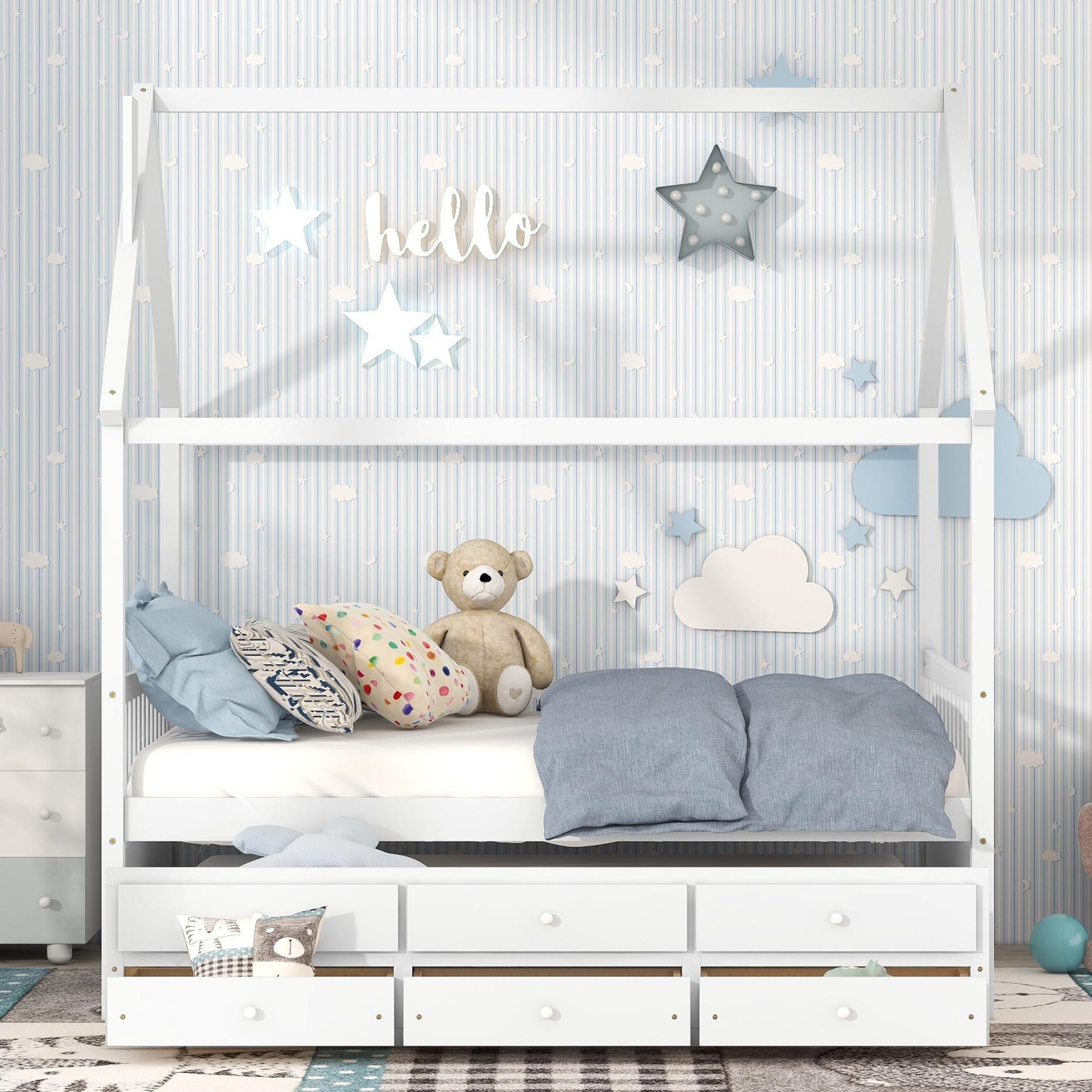 Harper & Bright Designs Full House Bed with Trundle and 3 Storage Drawers, Full Captain's Beds Wooden Storage Daybed Frame for Kids Teens Boys Girls (Full Size, White)