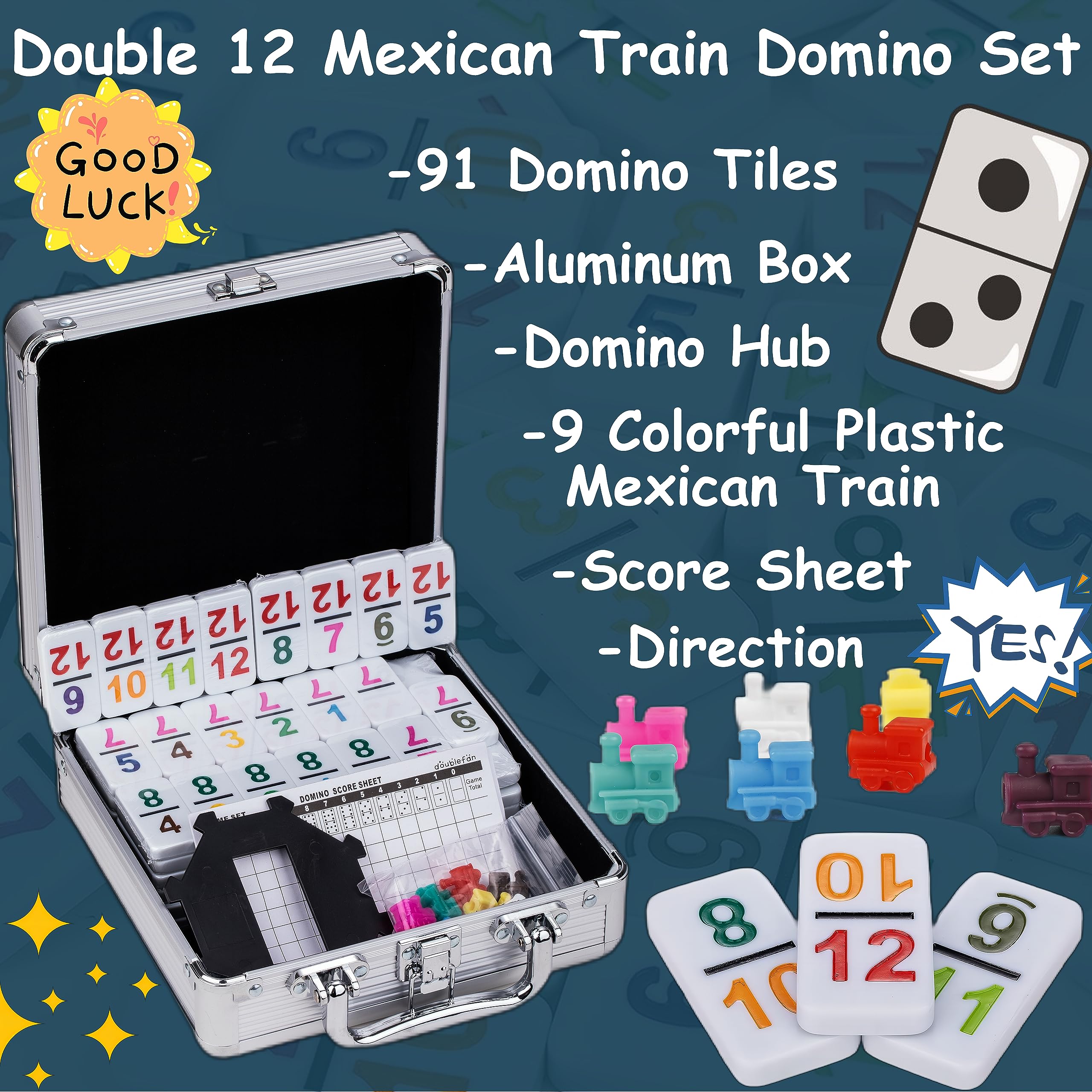 Dominoes Double 12 Colored Dot Dominoes Mexican Train Game Set, Double 12 Colored Dot Dominoes with Aluminum Case Mexican Train Game Set, 91 Tiles(2-8 Player)