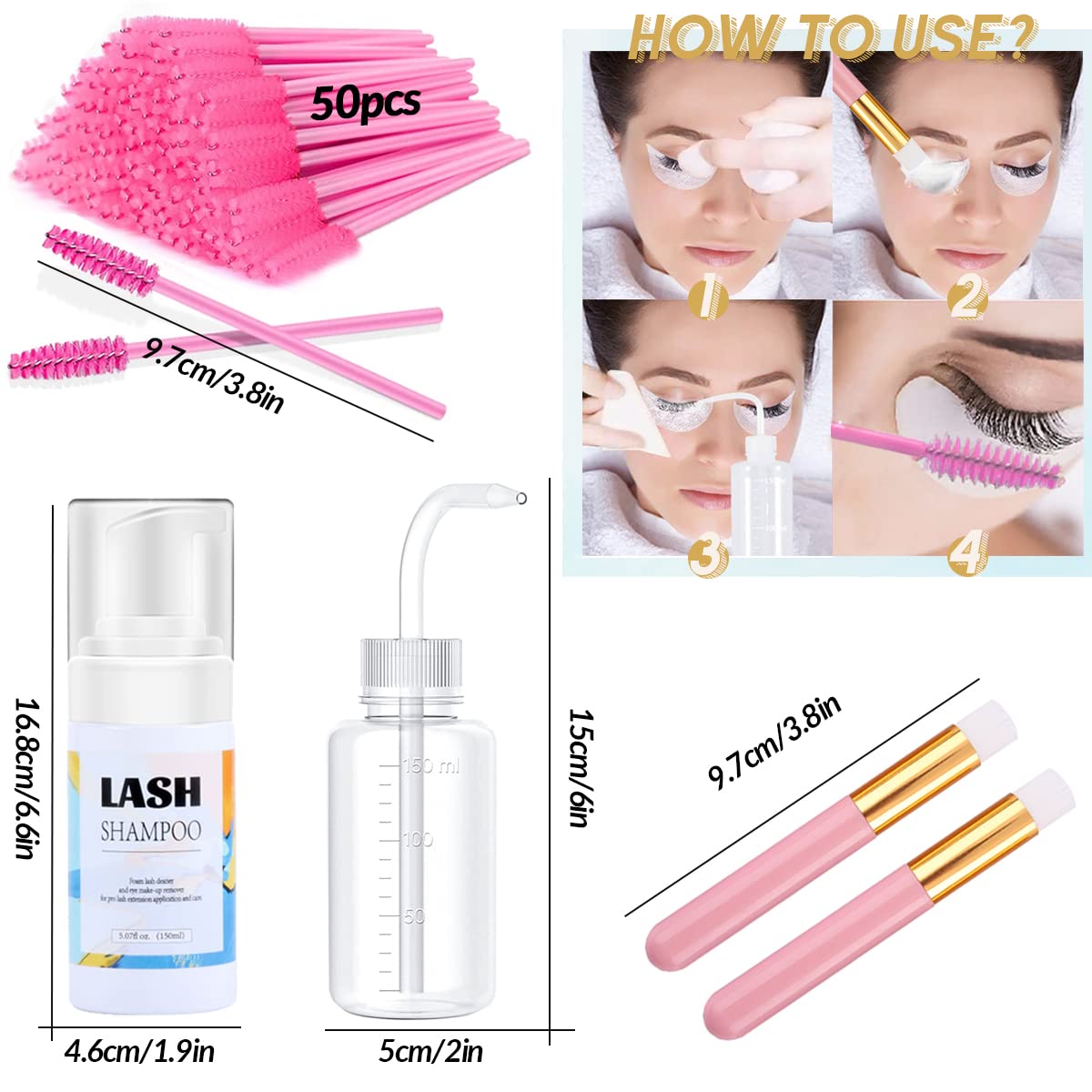 Eyelash Extension Cleanser 150ml + Rinse Bottle+ 2 Brushes+50 Mascara Wands, Eyelash Extension Shampoo, Eyelid Foaming Cleanser, Eyelash Wash and Lash Bath for Extensions, Oil Free