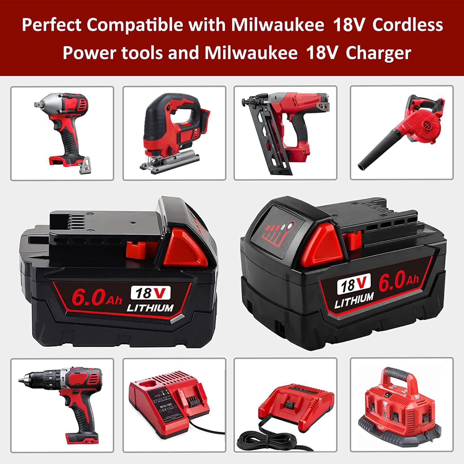 liangjia 2Packs 6.0Ah 18V Lithium-ion Replacement for Milwaukee M -18 Battery Compatible with Milwaukee 18V Tools