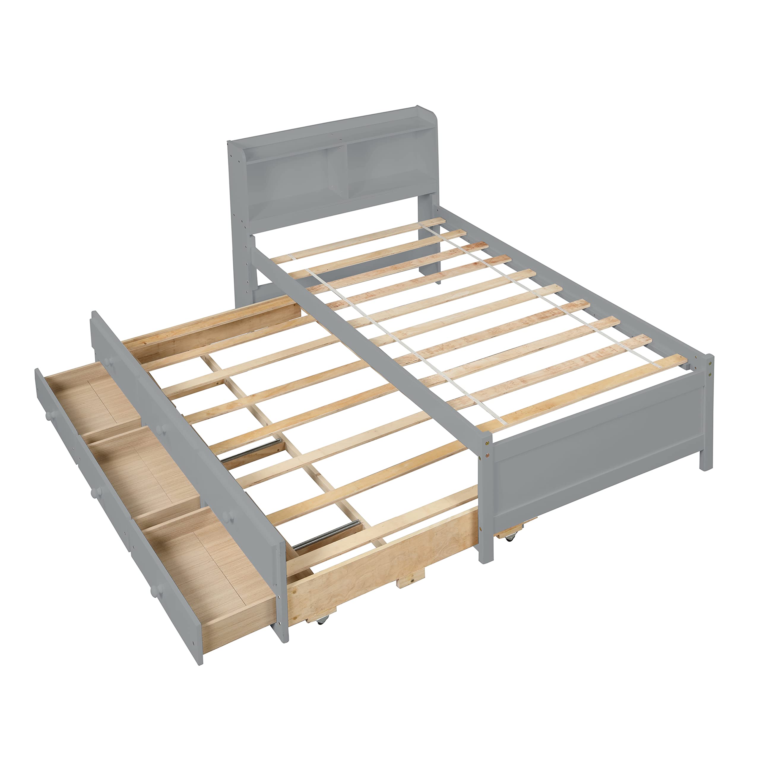 Harper & Bright Designs Twin Bed Frame with Bookcase Headboard, Wooden Twin Size Platform Bed with Trundle and 3 Storage Drawers,Twin Storage Bed for Kids Girls Boys,No Box Spring Needed,Grey