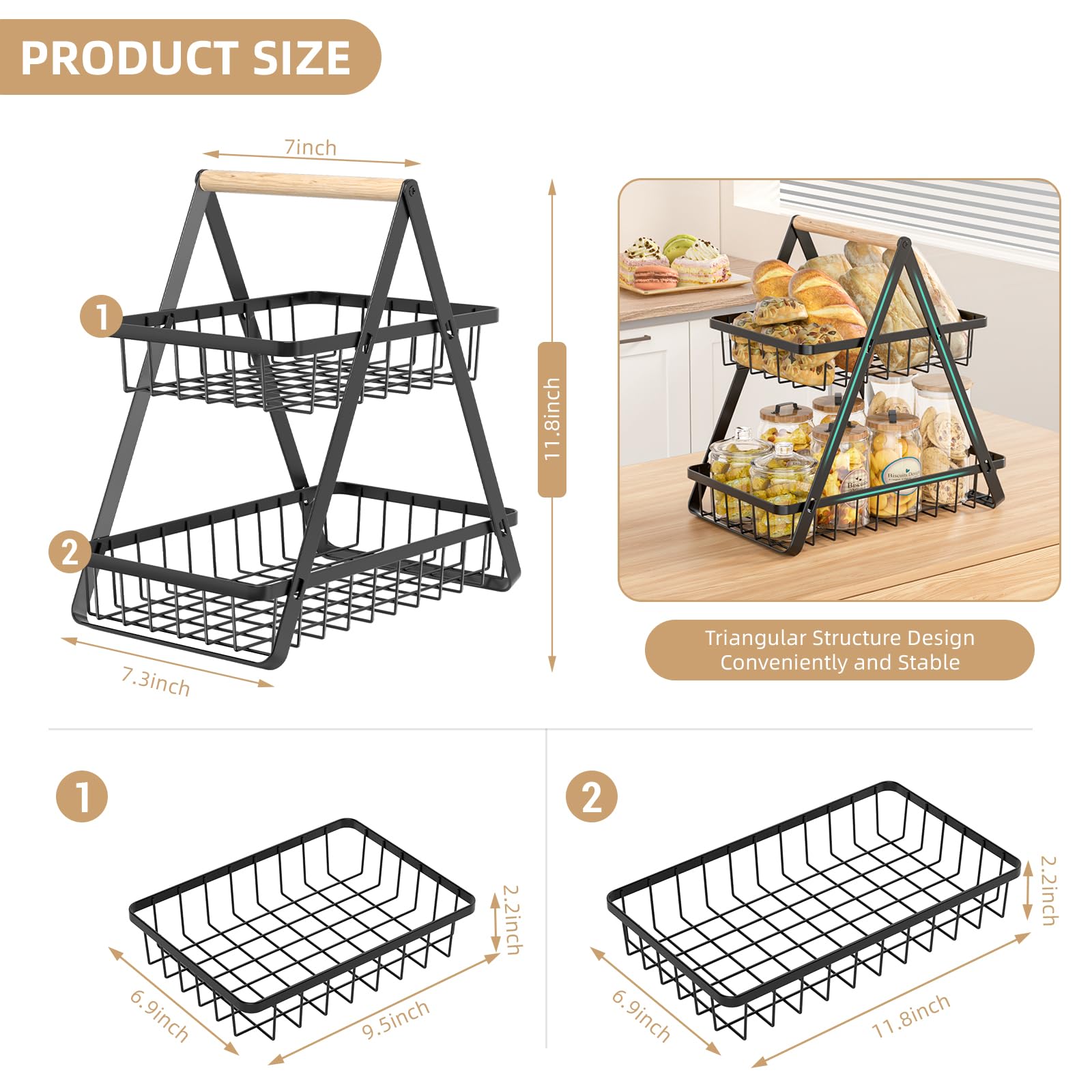 Foensc 2 Tier Fruit Basket, Upgraded Fruit Bowl, Detachable Metal Fruit Holder Vegetable Basket for Kitchen Counter, Large Capacity Fruit Storage Stand Organizer for Produce Bread Snack, Black