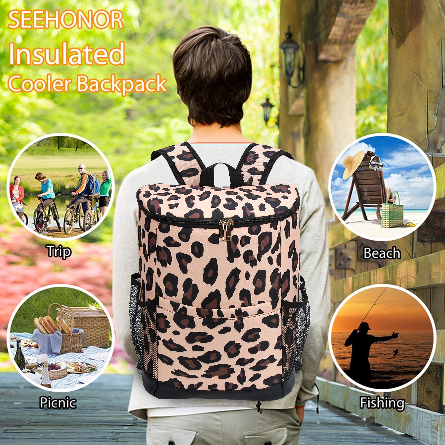 Cooler Backpack Women Leopard Leak Proof Bags Lightweight Soft Lunch Backpack with Cooler Compartment,Wine for Hiking Camping,24 cans…