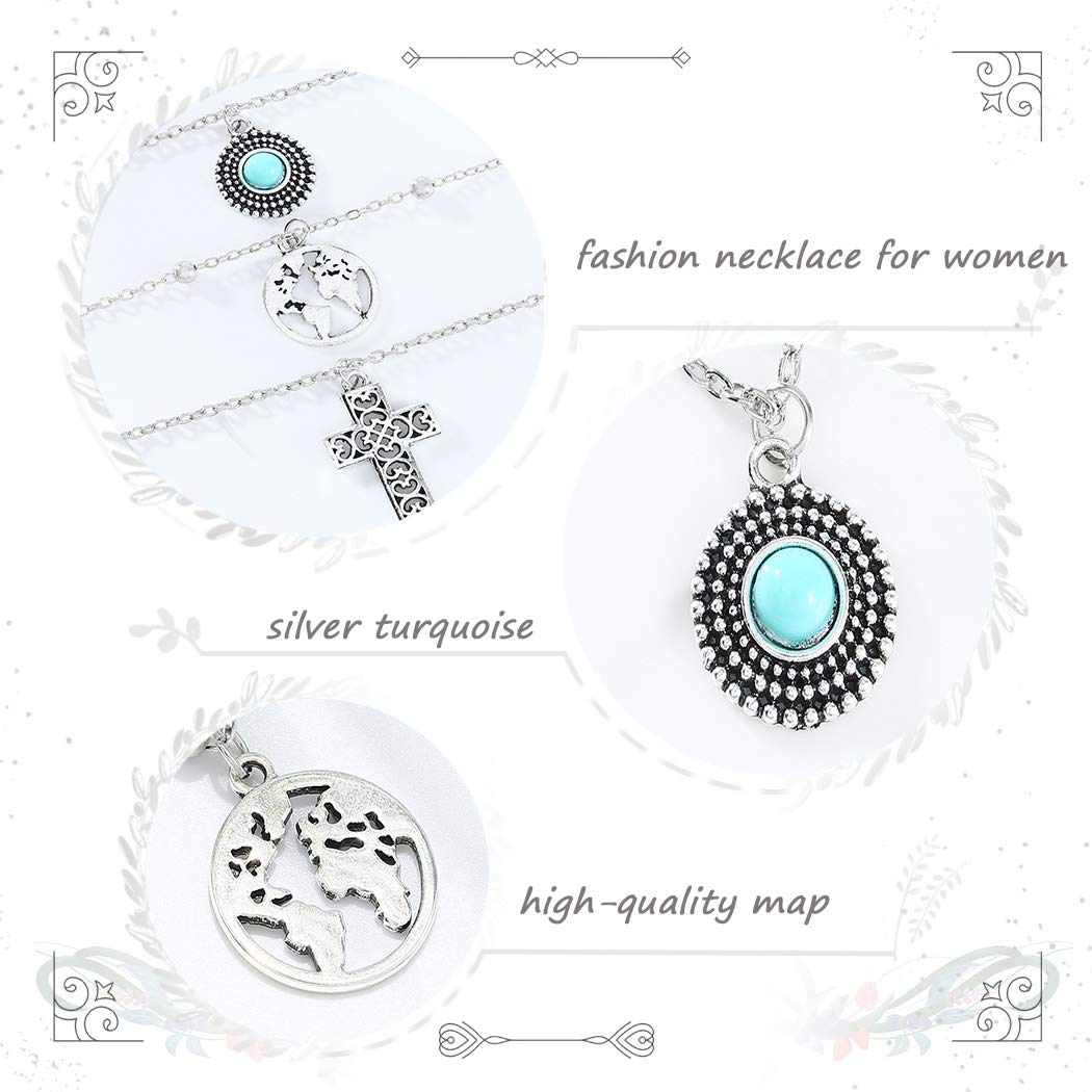 Ckecharfa Layered Turquoise Necklace Silver Cross Necklaces Adjustable Chain Jewelry for Women(A-Silver)
