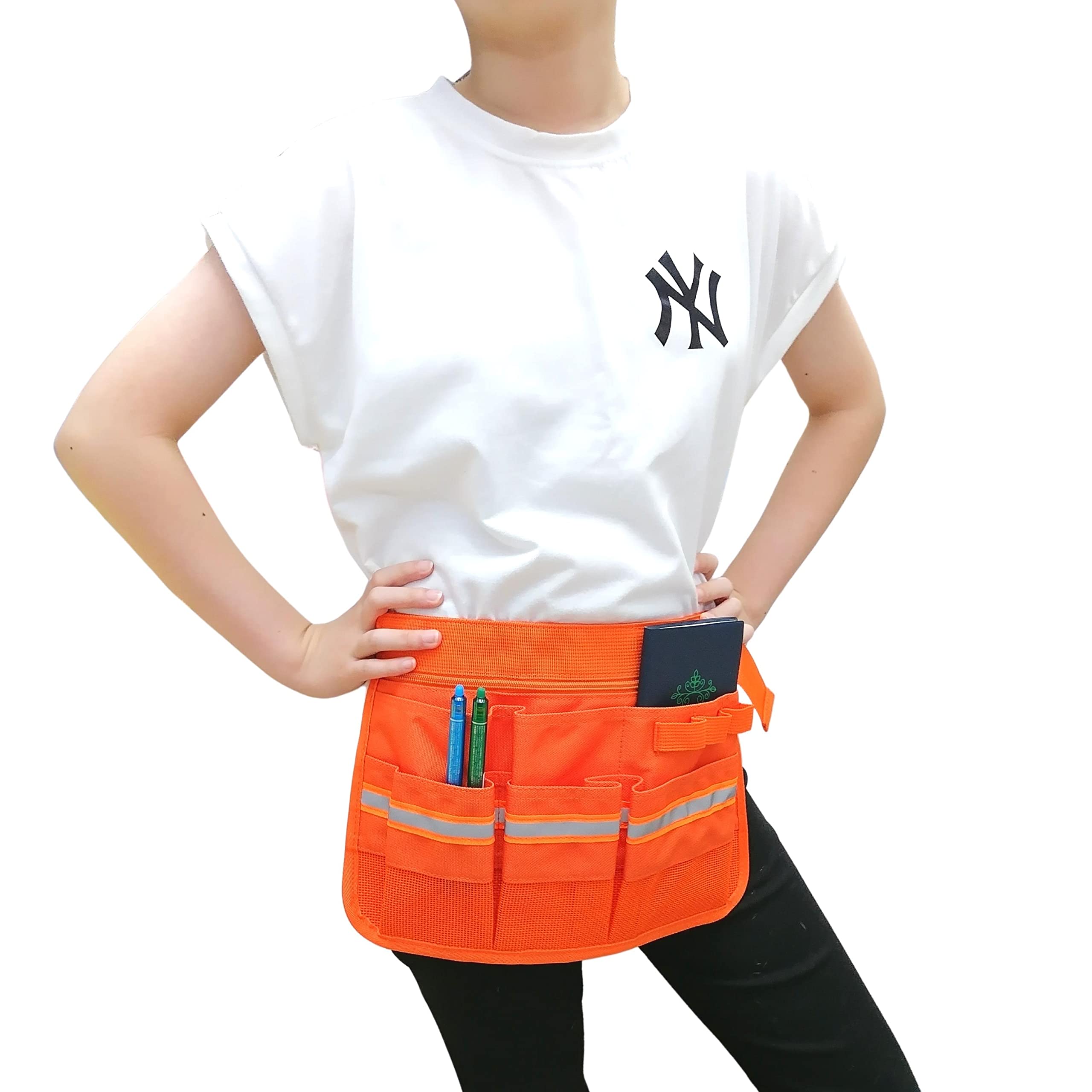 FOREVER 1 Unisex Half Waterproof Serving Apron, 6 pockets for Server Waiter Waitress Teacher Salon Cleaning House Hotel Cleaner Janitor (Orange)