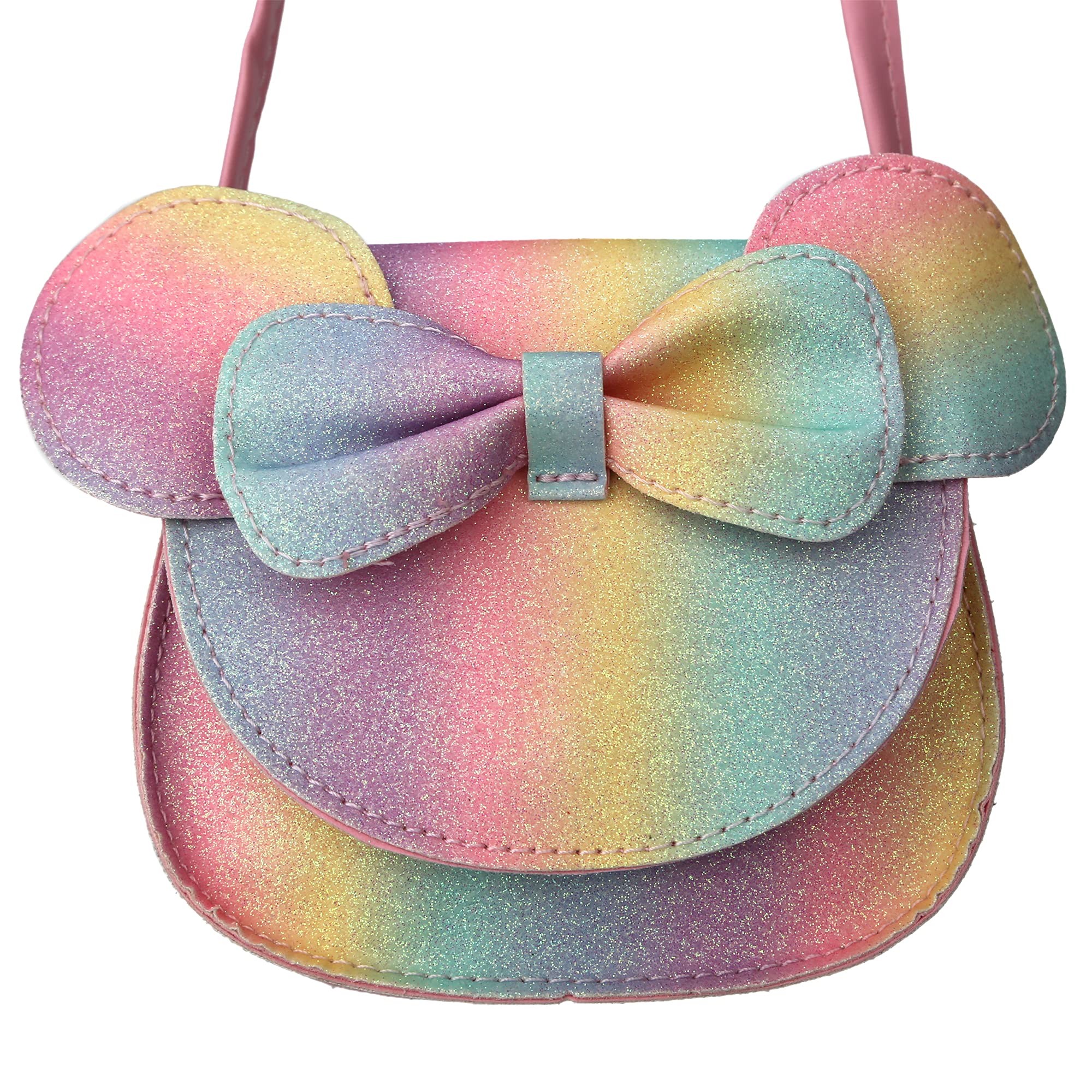 HXQ Little Mouse Ear Bow Crossbody Purse,PU Shoulder Handbag for Kids Girls Toddlers(Rainbow Pink)