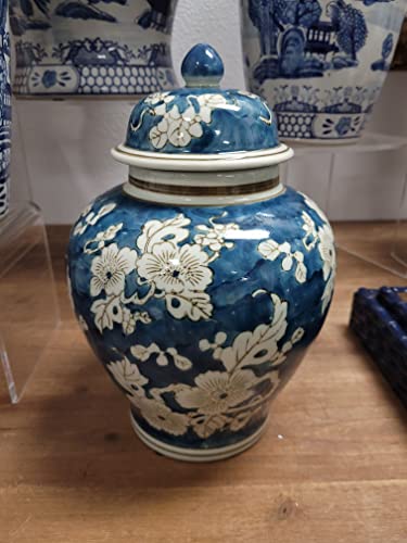 Galt International Blue and White Flower Chinoiserie Ginger Jar 12" w/Lid Ginger Jar, Tea Storage Decorative Home Decor Jar