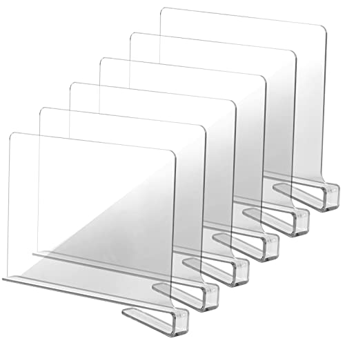 PJ Vital Clear Acrylic Shelf Dividers for Closet Organization Multi-Functional Plastic Divider Wood Shelves, Purse Organizer Cabinet 6 Pack in Kitchen, Bedroom, Bathroom and Office.