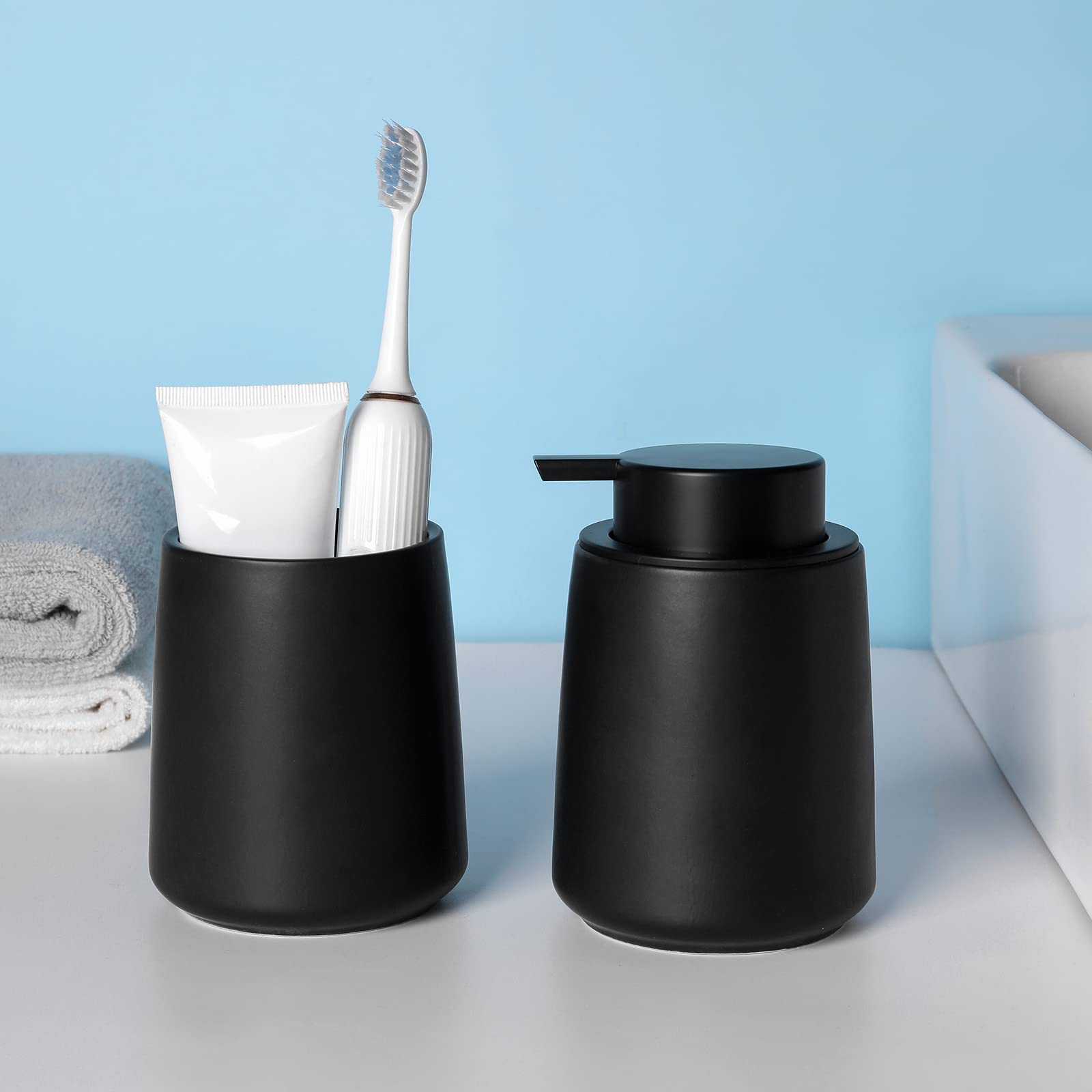 Foaming Hand Soap Dispenser Ceramic, Foam Dish Soap Dispenser for Bathroom and Kitchen Sink, Liquid Pump Bottle for Shampoo, Body Wash, Black, 2 Pack
