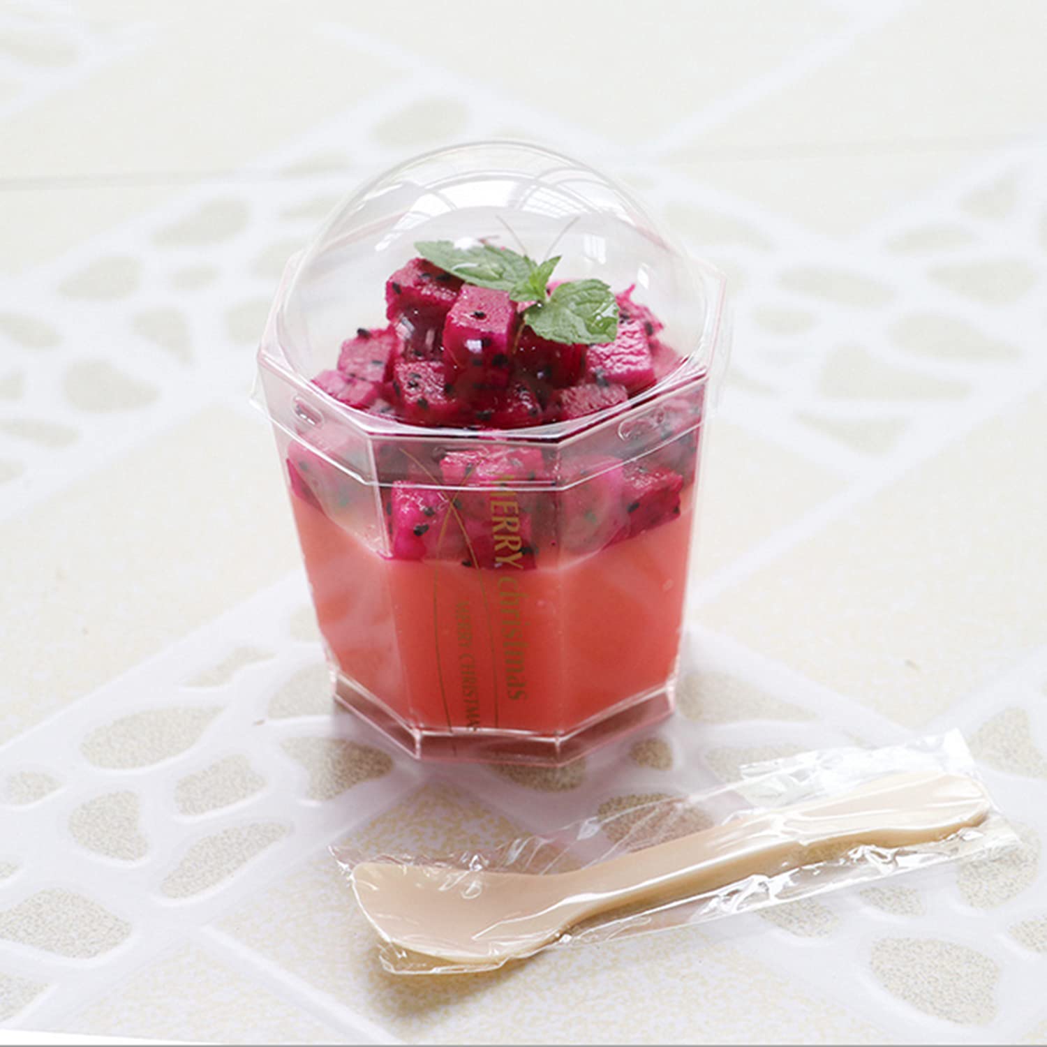 DongAi 25Pcs 6-Ounce Transparent Plastic Dessert Cups,Octagon Clear Plastic Dessert Tumbler Cups Serving Bowls with, 25 Tablespoons and Lids，Pudding Ice Cream Yogurt Candy for at The Parties Weddings