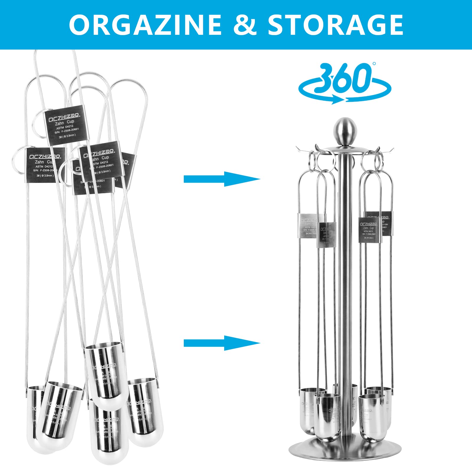 GELTTULU Zahn Cup Immersion Viscosity Cup,#1 to #5 Dip Type 44ml Stainless Steel Viscometer Flow Cup with Storage Rack for Paint, Ink, Dye, Lacquers, Food, Syrup,Oil(5 pcs)