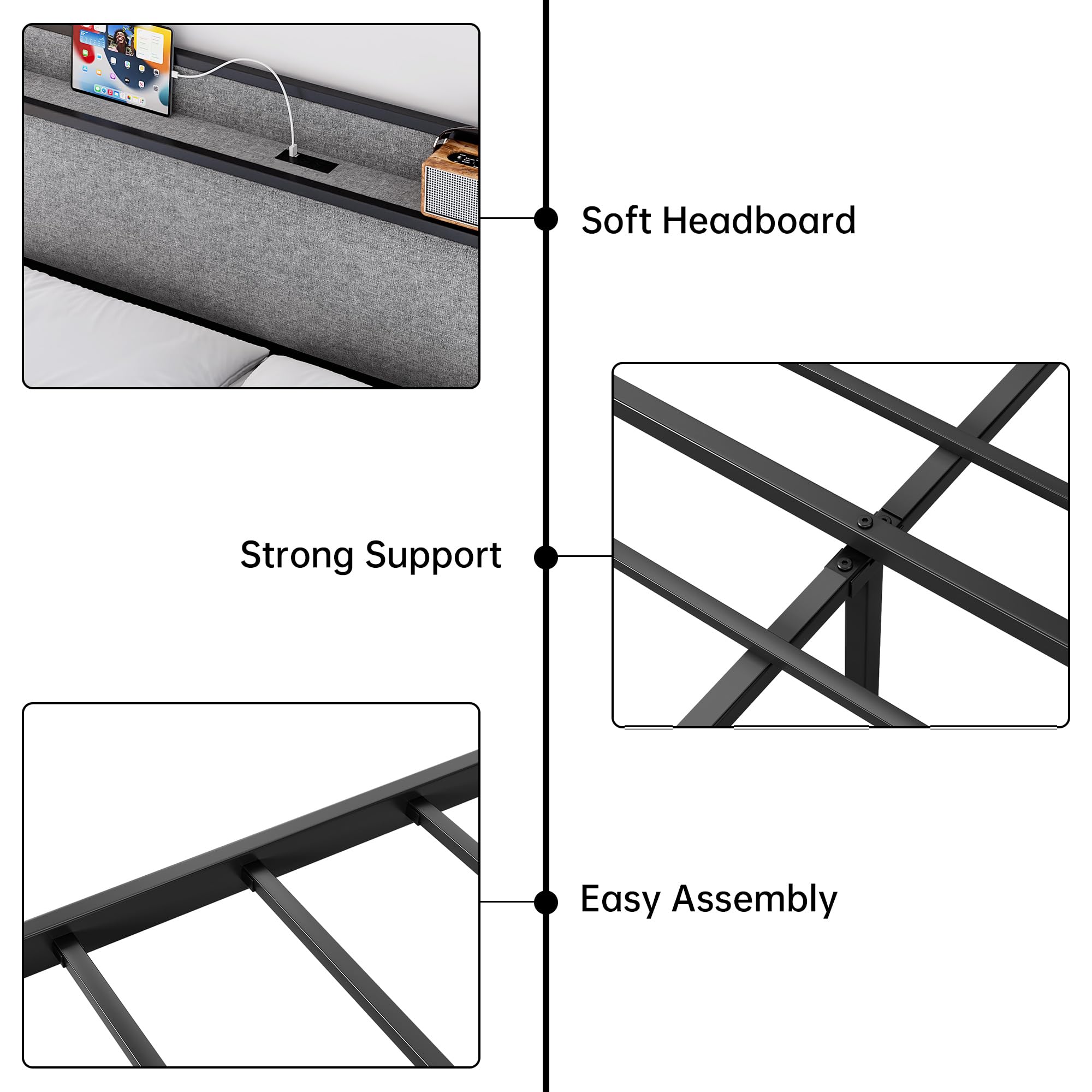 GarveeHome Full Size Bed Frame with 2 Drawers and Shelf Headboard, Charging Station with USB Port & Outlets, Upholstered Heavy Duty Platform Bed with Storage, No Box Spring Needed, Light Grey