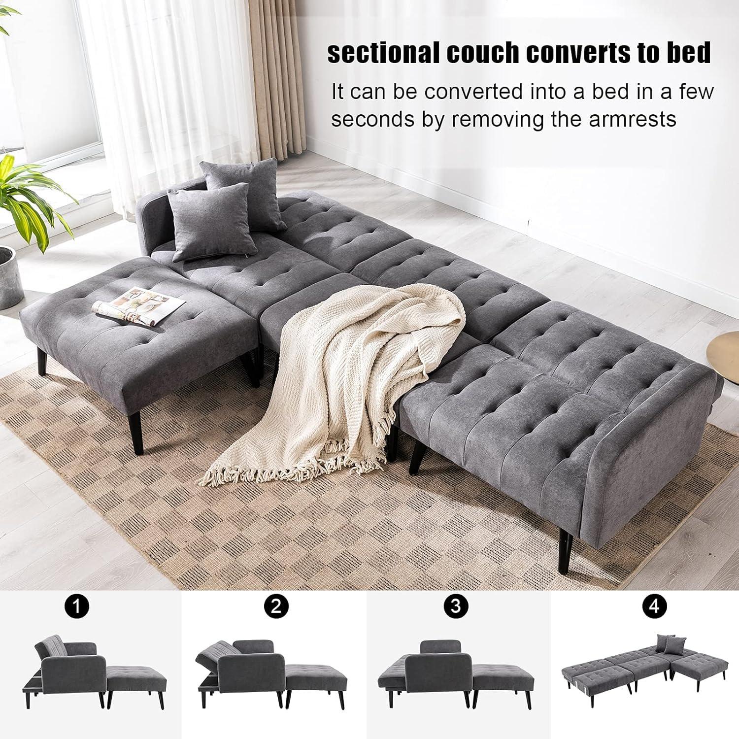 KissAir Modern Linen sectional Convertible Sofa Bed Reversible Sectional Sofa Sleeper Mid-Century Upholstered Comfy Couches for Living Room w/Chaise Lounge,Split-Back,Removable Armrests(Dark Grey)