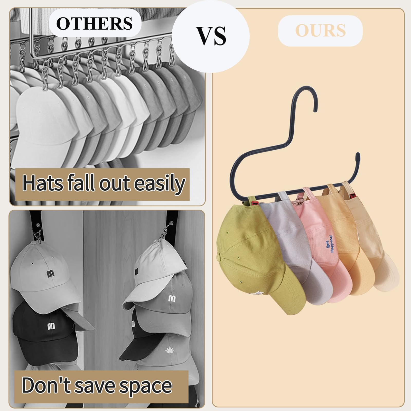 Hat Rack,Hat Organizer for Baseball Caps,2 Pack Metal Hat Holder for Closet,Baseball Cap Organizer Holds up to 20 Caps, Slip-Resistant Hat Hangers for Closet Storage