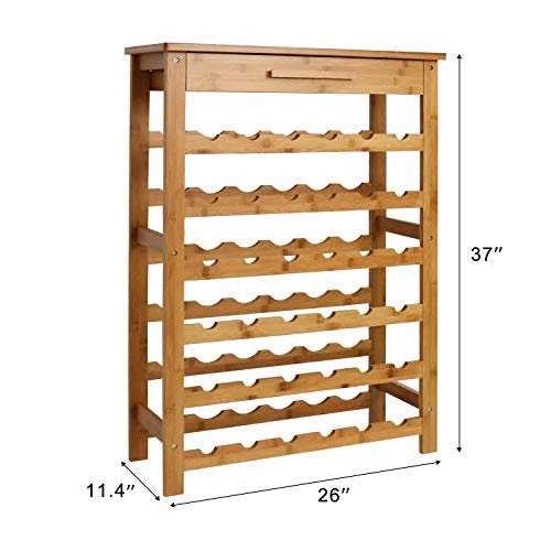 Kinsuite Bamboo Wine Rack Modular Wine Storage Holder Display Shelves for Storing Bottles at Home 36 Bottle Wine Rack Free Standing Floor 6 Shelves with Drawer