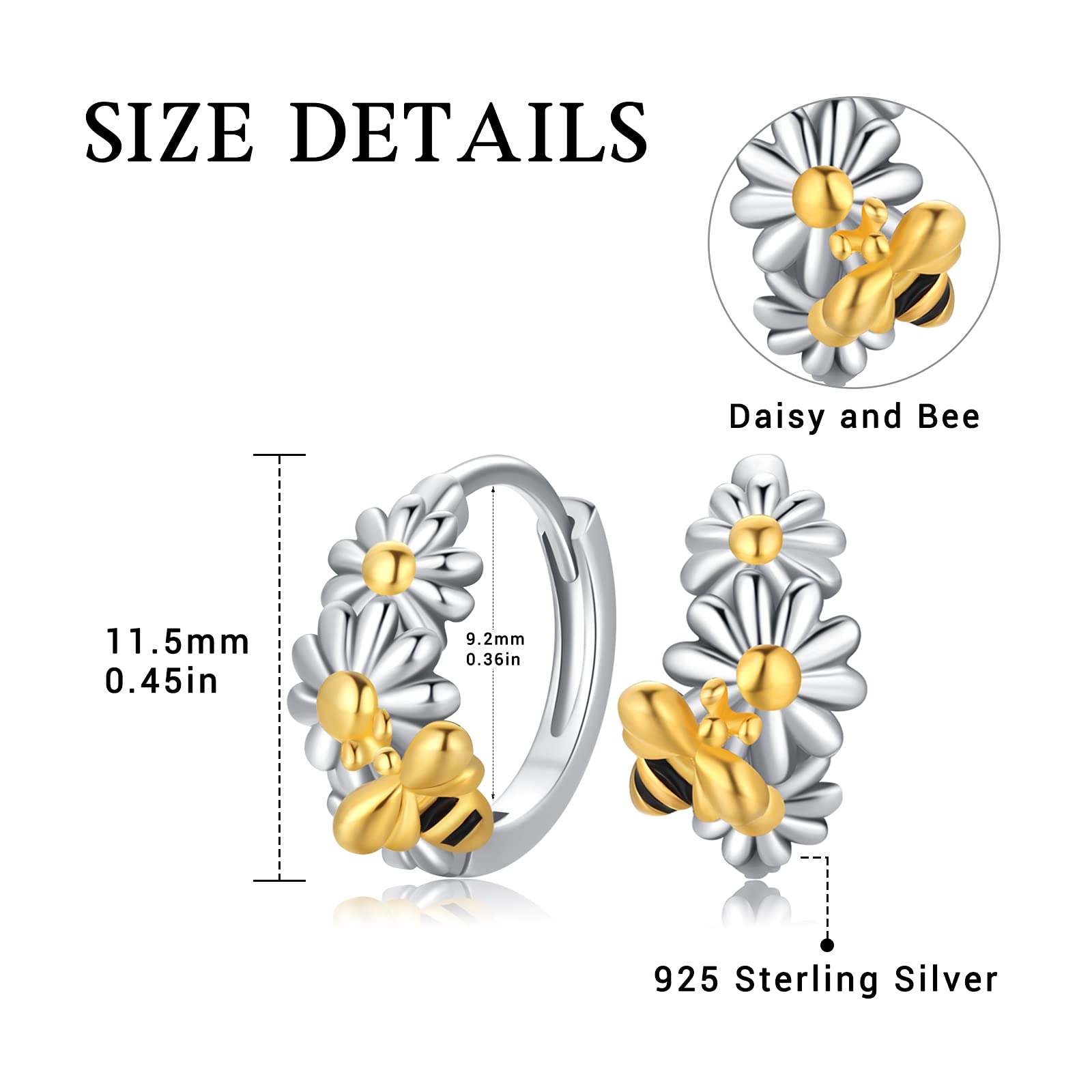 Daisy Hoop Earrings,Hypoallergenic 925 Sterling Silver Bee with Small Flower Hoop Earrings Gift for Women Huggie Earrings for Sensitive Ears