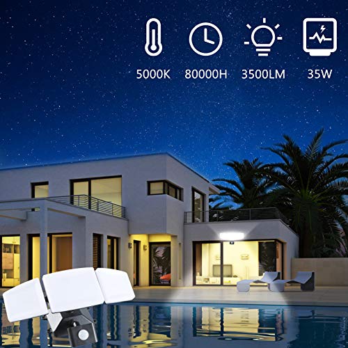 Ganiude 35W Plug in Flood Light Outdoor, Motion Sensor Plug in LED Security Light with Remote Control, Dusk to Dawn, 3 Head, 3500LM, 5000K, IP65 Waterproof Exterior Light for Porch, Garage, Yard