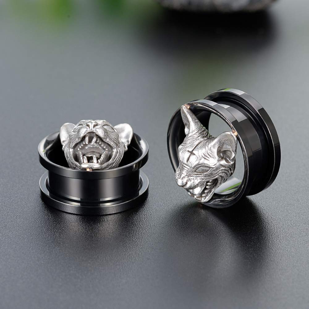 COOEAR 1 Pair Stainless Steel Cat Logo Ear Gauges Black screw Tunnels for Ears Piercing Ear Plugs.