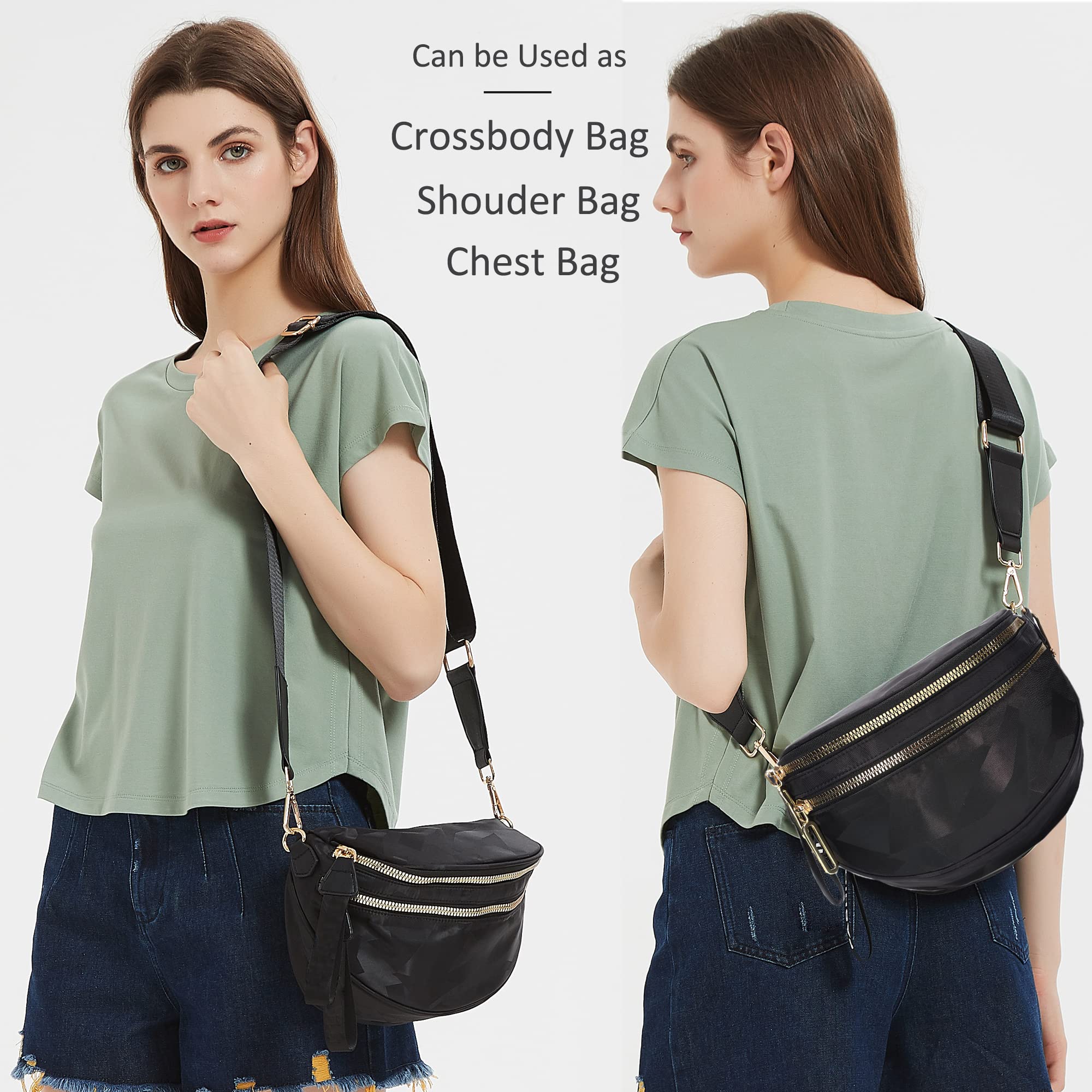 Crossbody Bags for Women Nylon Cross Body Travel Shoulder Handbags Lady Chest Purses Light Sling Backpack - Black